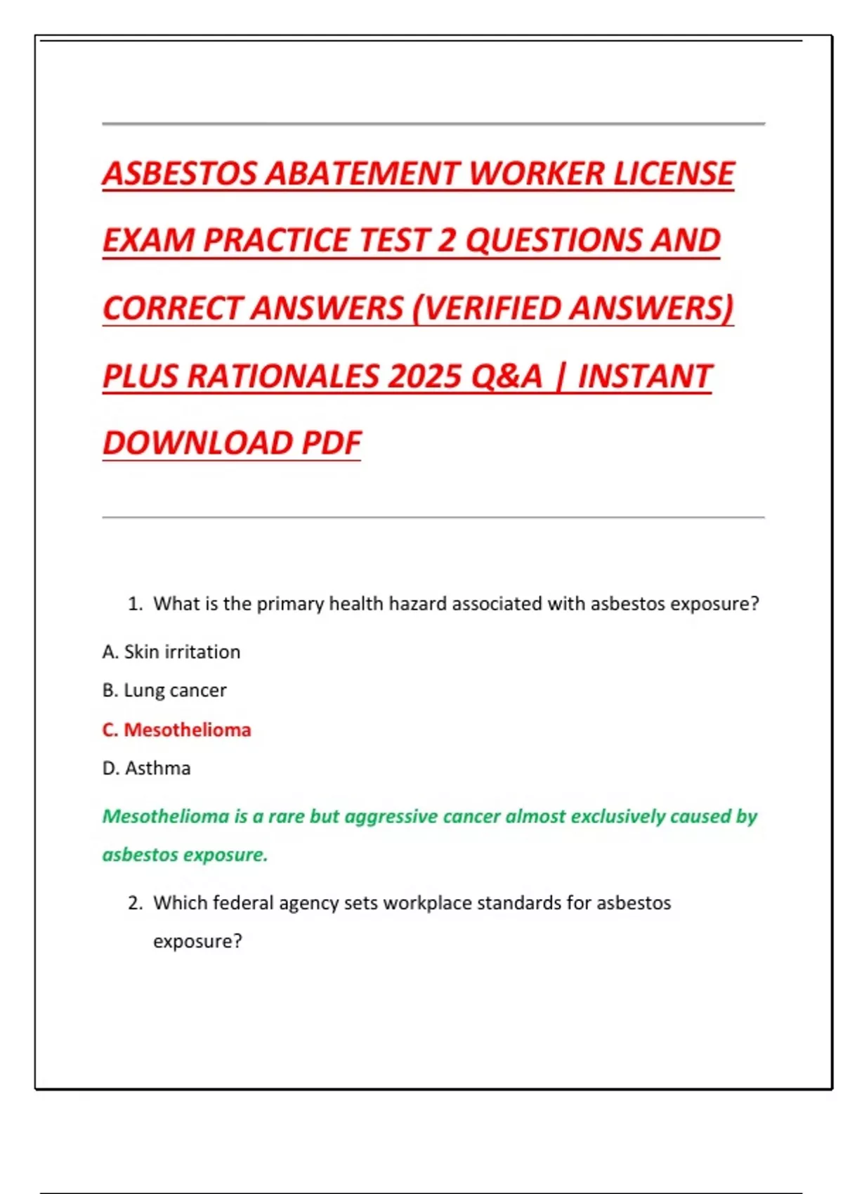 ASBESTOS ABATEMENT WORKER LICENSE EXAM PRACTICE TEST 2 QUESTIONS AND ...