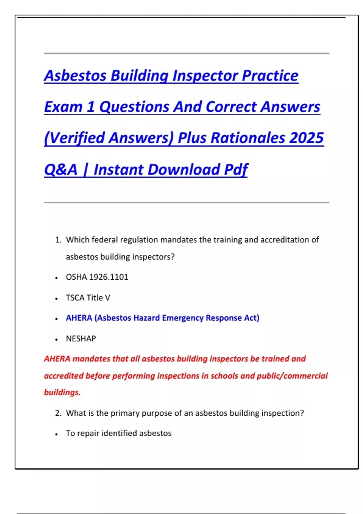 Asbestos Building Inspector Practice Exam 1 Questions And Correct ...