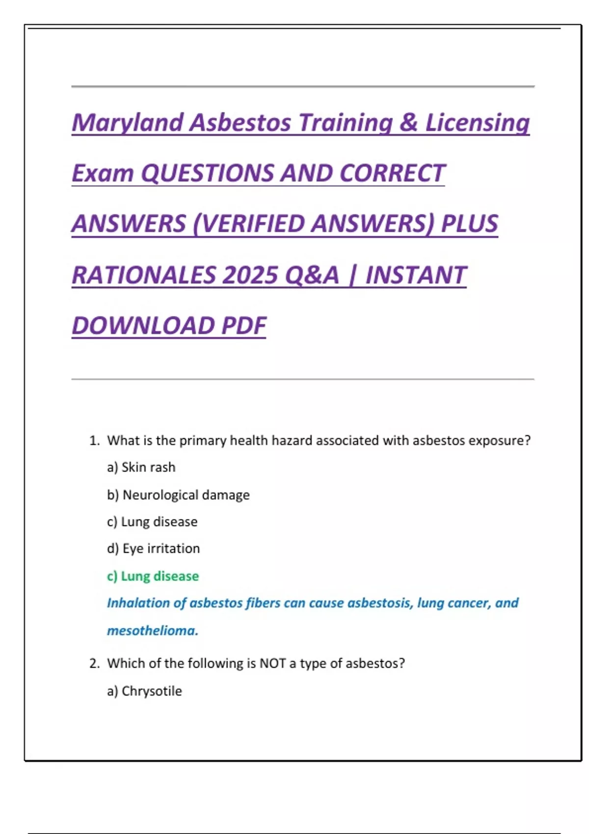 Maryland Asbestos Training & Licensing Exam QUESTIONS AND CORRECT ...