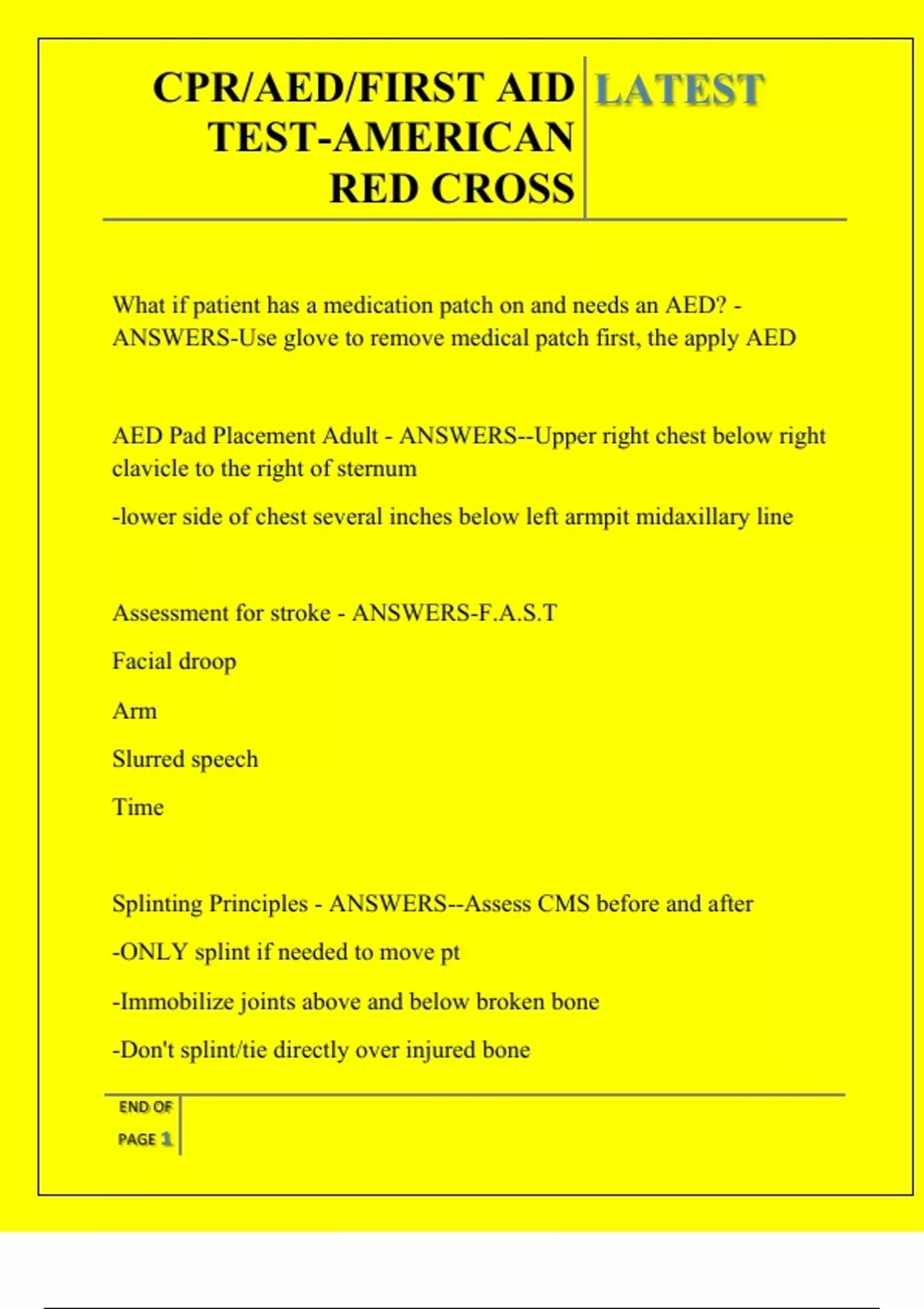CPR/AED/FIRST AID TEST-AMERICAN RED CROSSQUESTIONS AND ANSWERS 2025 ...