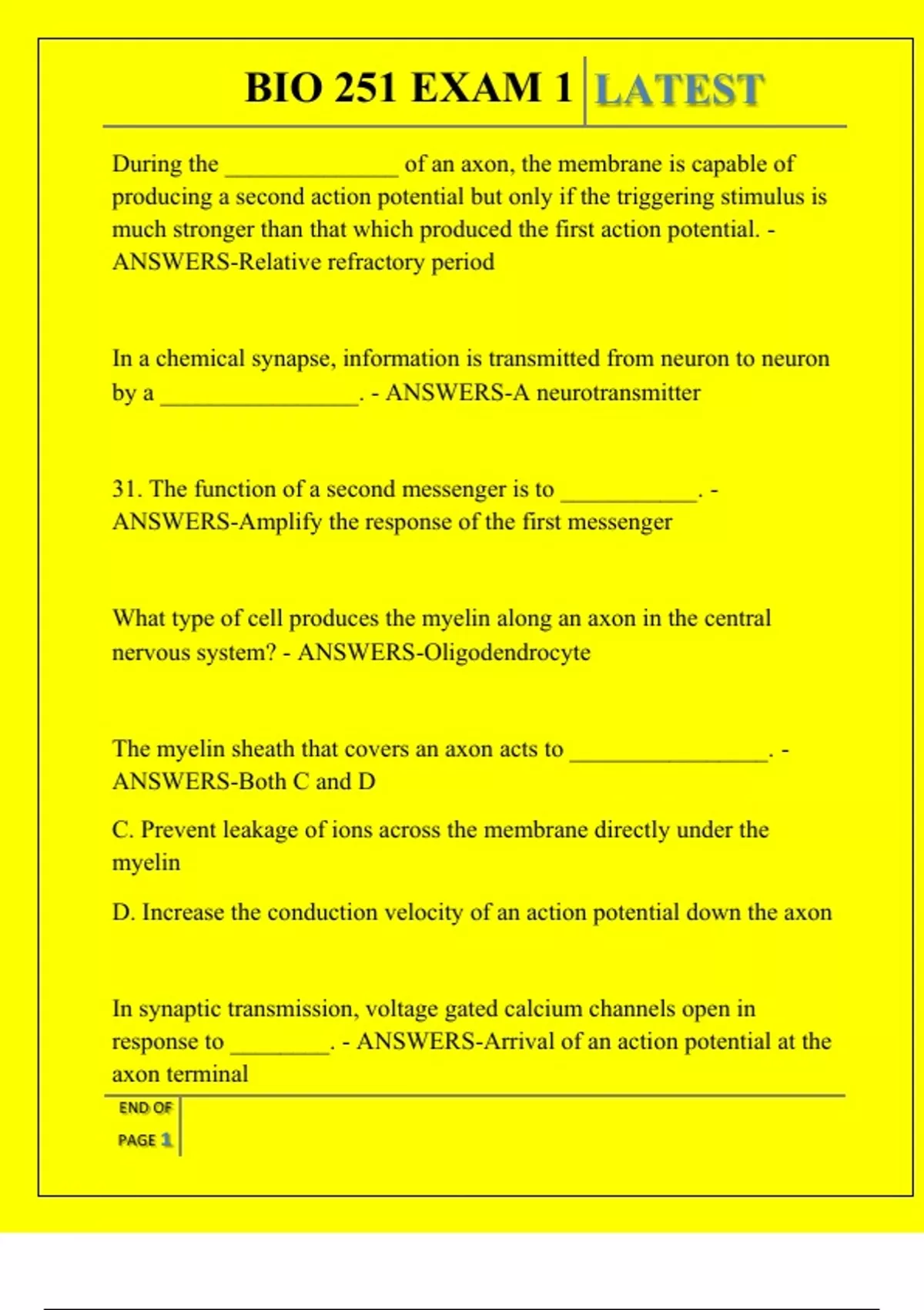 BIO 251 EXAM 1 QUESTIONS AND ANSWERS 2025 - BIO 251 - Stuvia US