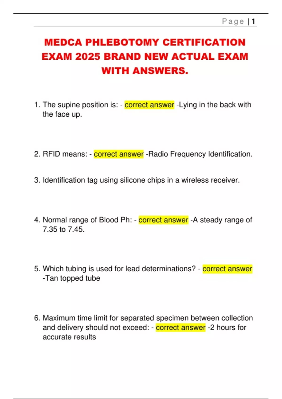 MEDCA PHLEBOTOMY CERTIFICATION EXAM 2025 BRAND NEW ACTUAL EXAM WITH ...