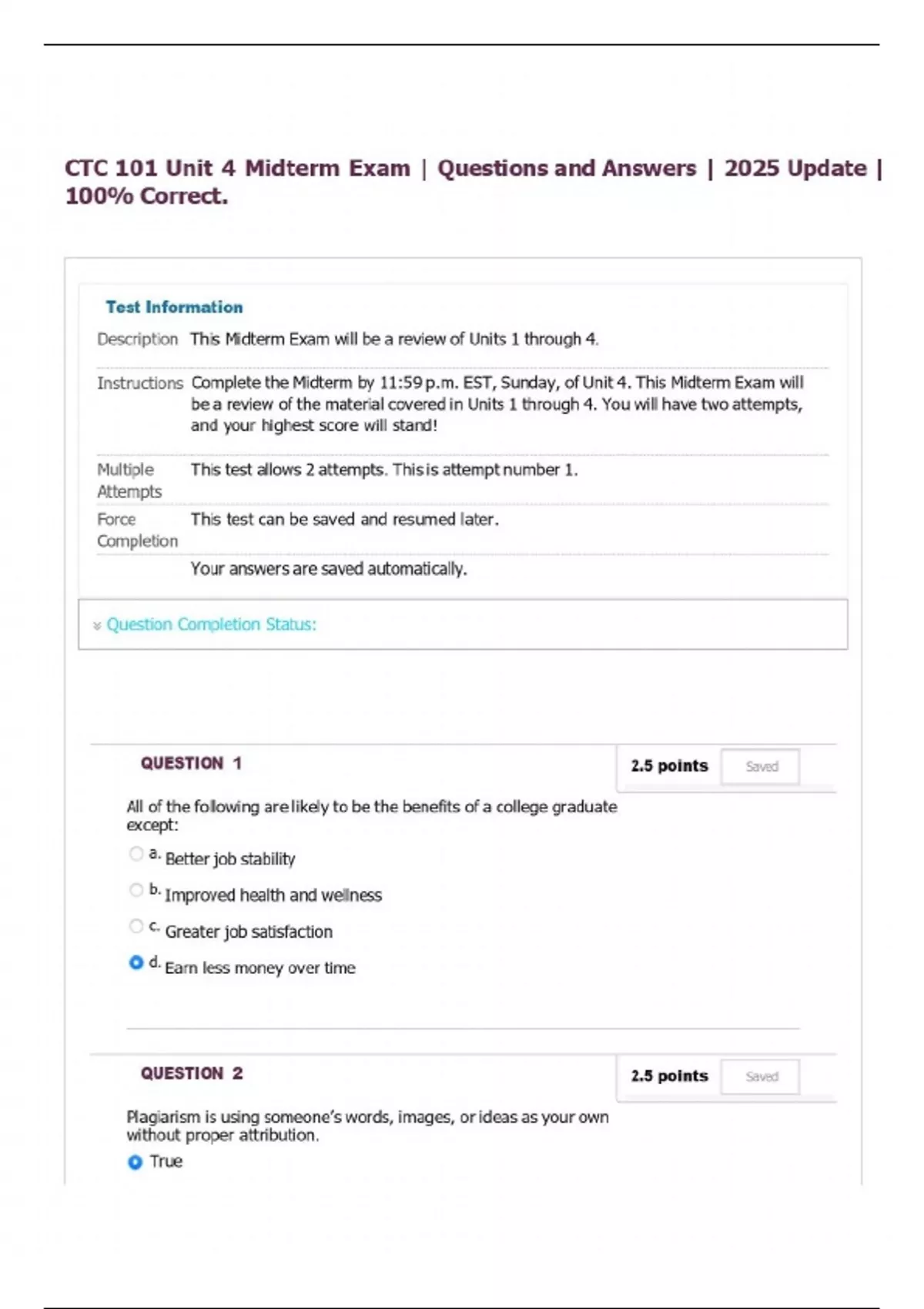 CTC 101 Unit 4 Midterm Exam | Questions and Answers | 2025 Update | 100 ...