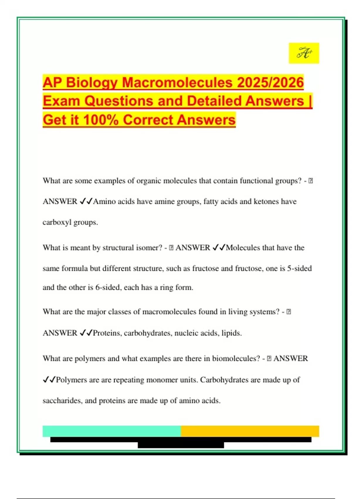 AP Biology Macromolecules 2025/2026 Exam Questions and Detailed Answers ...