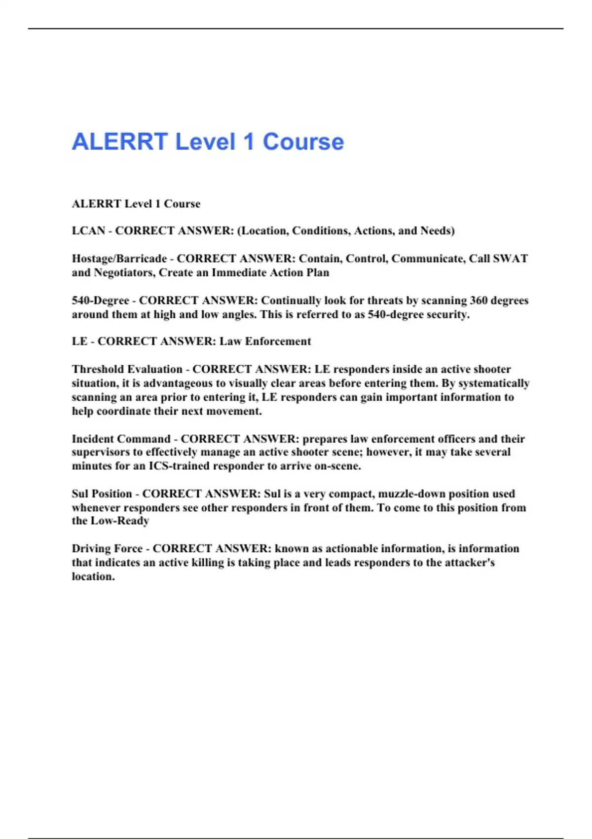 ALERRT Level 1 Course Updated 2025 with complete solution - ALERRT ...