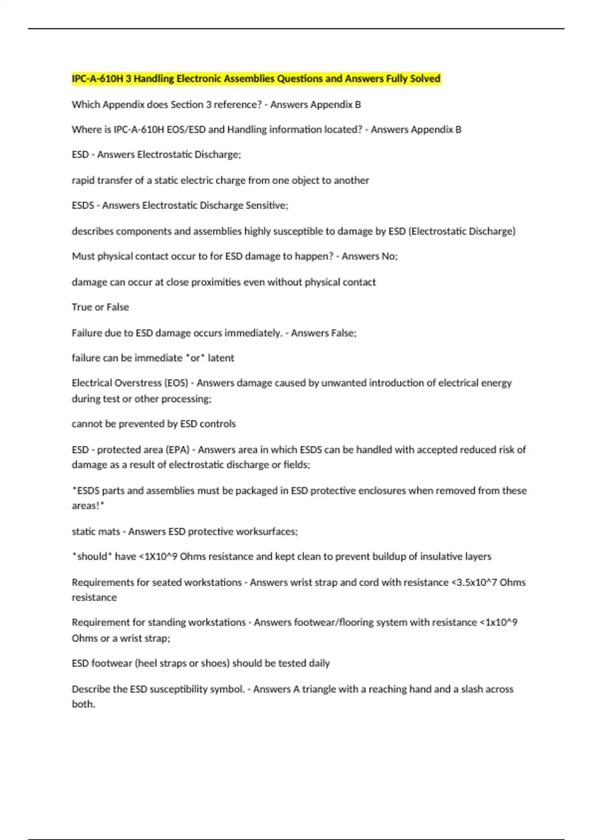 IPC-A-610H 3 Handling Electronic Assemblies Questions and Answers Fully ...