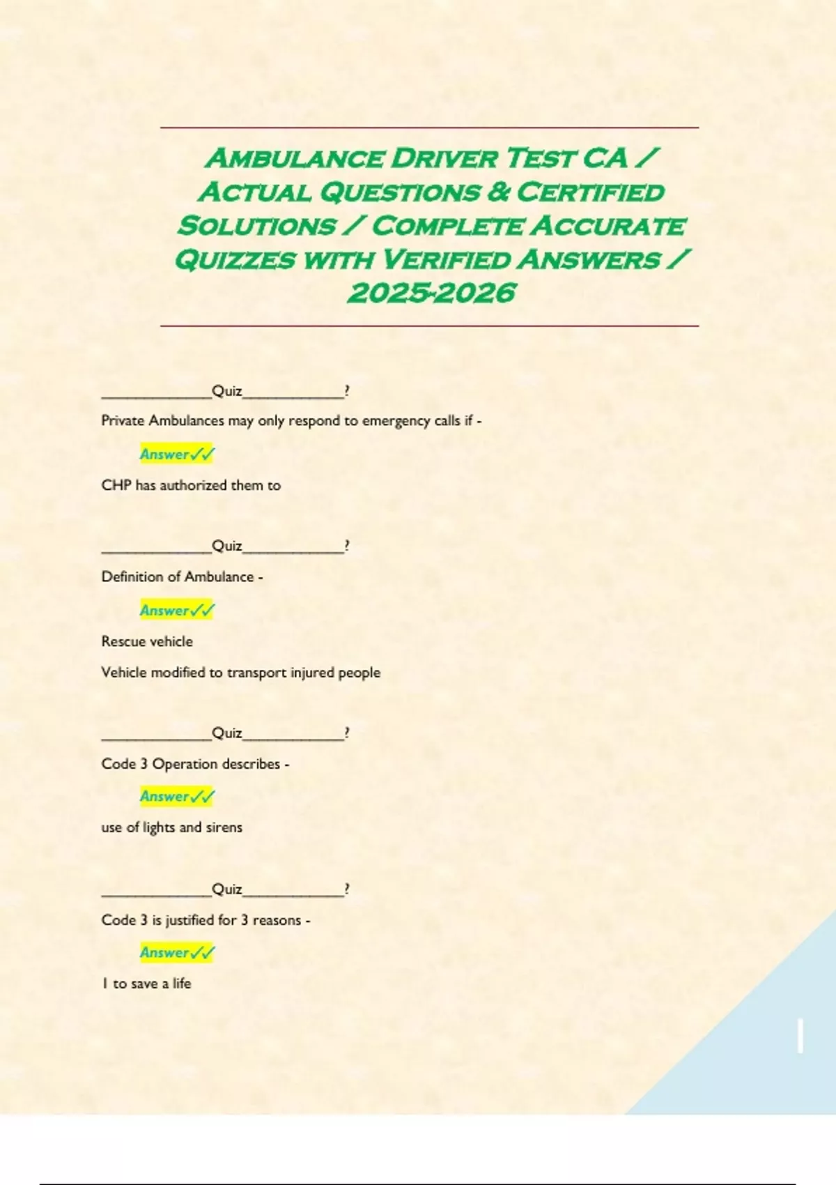 Ambulance Driver Test CA / Actual Questions & Certified Solutions ...