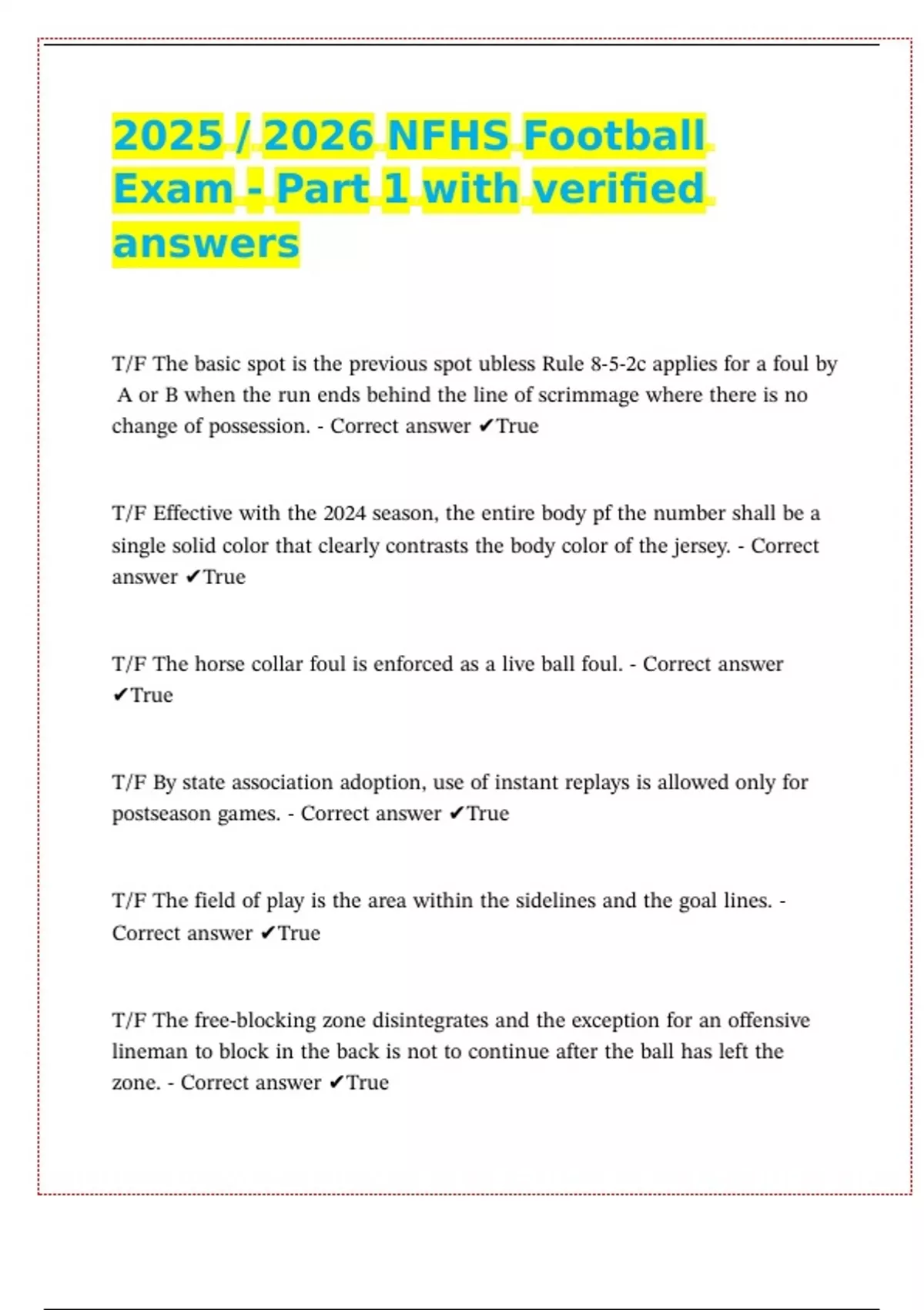 2025 / 2026 NFHS Football Exam - Part 1 with verified answers - NFHS ...