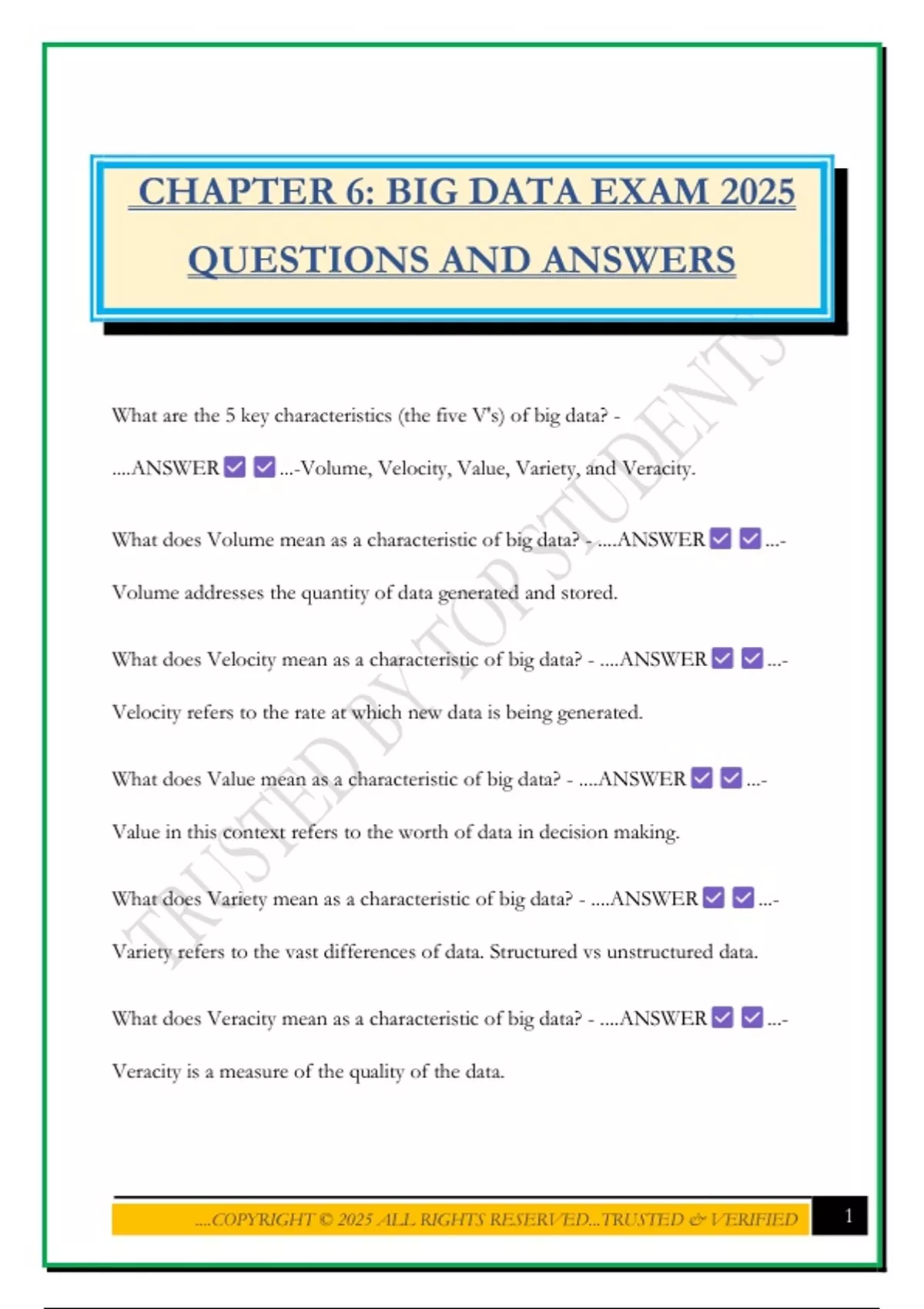 CHAPTER 6: BIG DATA EXAM 2025 QUESTIONS AND ANSWERS - BIG DATA - Stuvia US