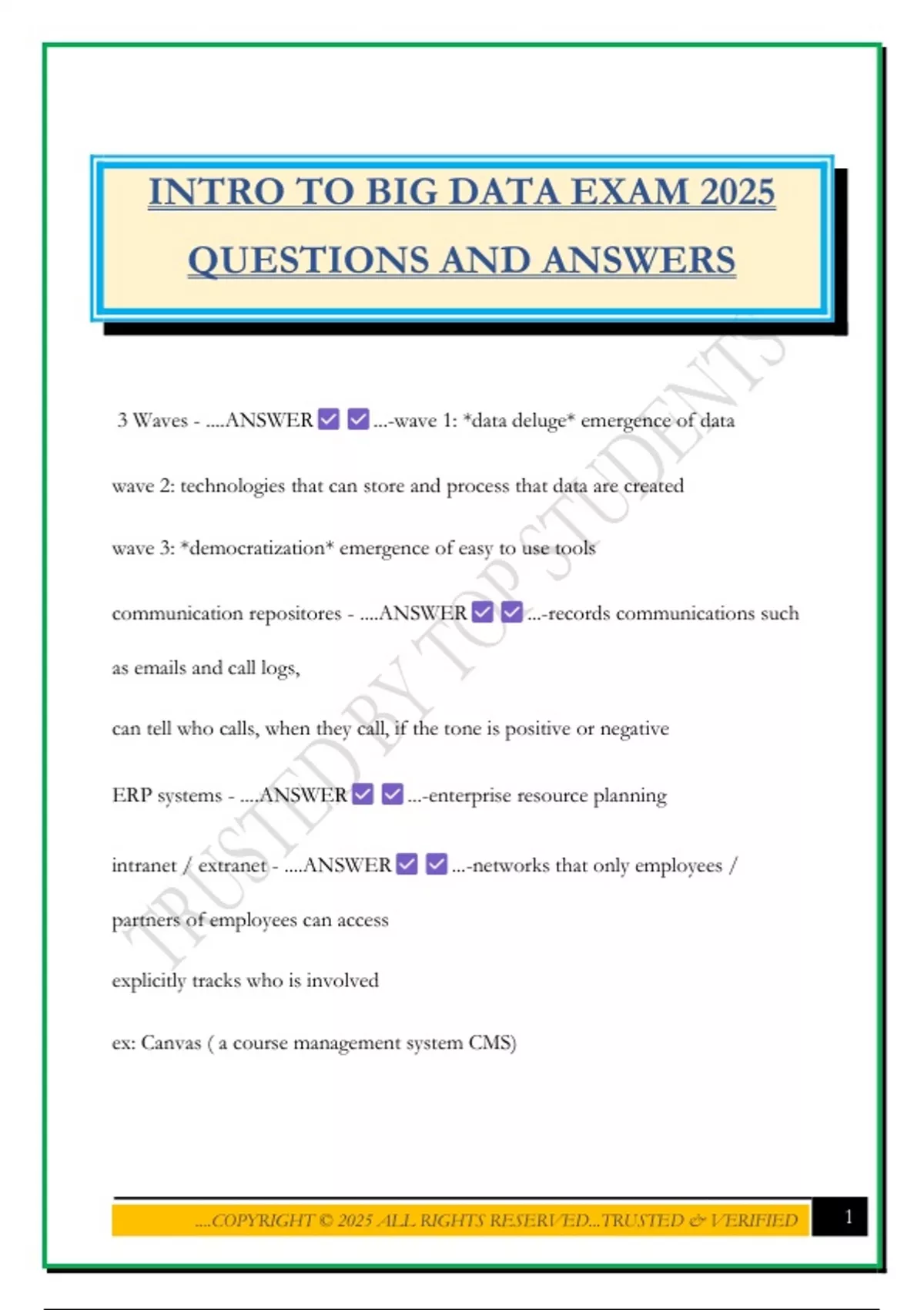 INTRO TO BIG DATA EXAM 2025 QUESTIONS AND ANSWERS - BIG DATA - Stuvia US