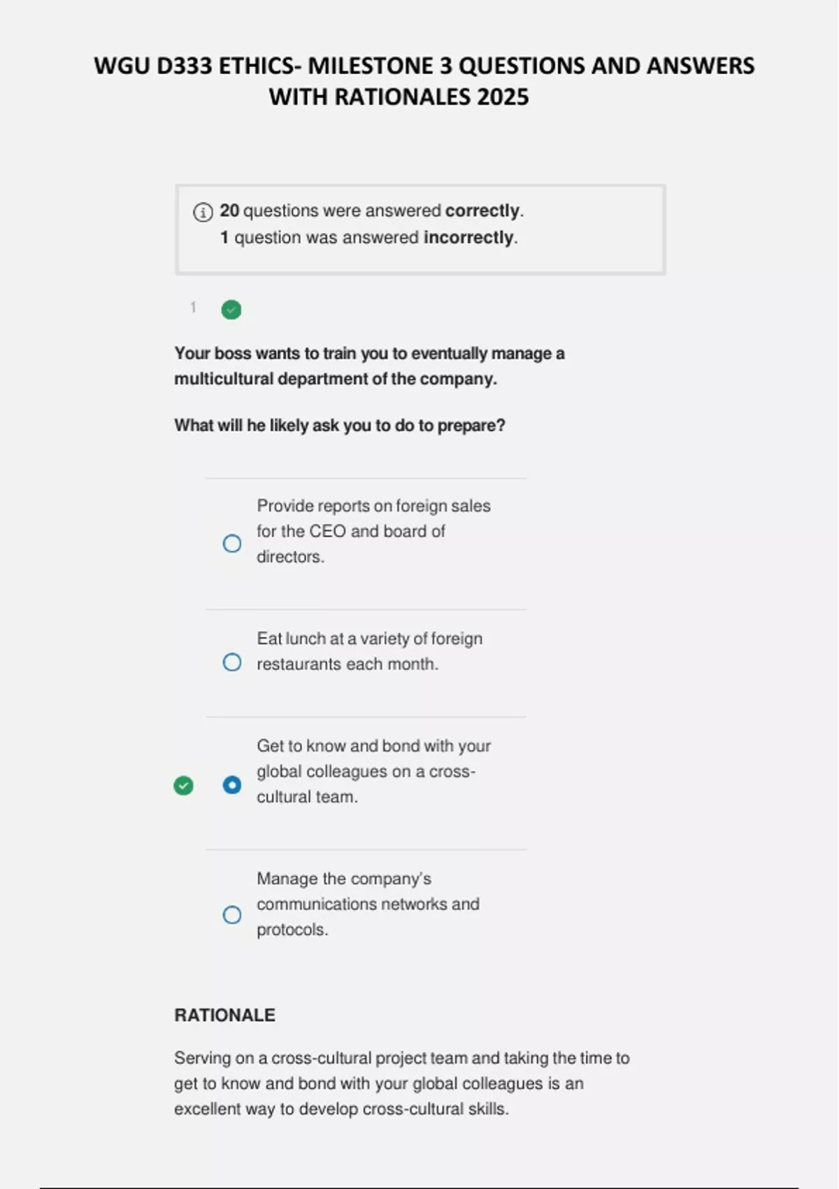 WGU D333 ETHICS- MILESTONE 3 QUESTIONS AND ANSWERS WITH RATIONALES 2025 ...