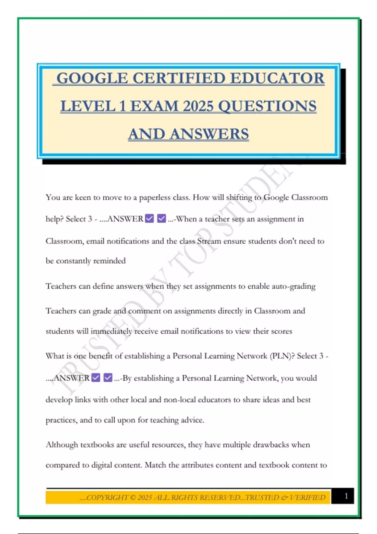 GOOGLE CERTIFIED EDUCATOR LEVEL 1 EXAM 2025 QUESTIONS AND ANSWERS ...