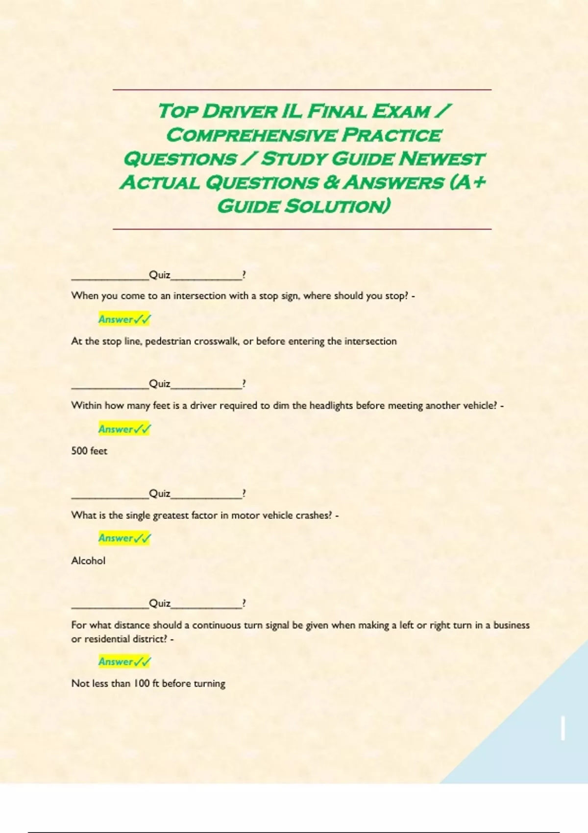 Top Driver IL Final Exam / Comprehensive Practice Questions / Study ...