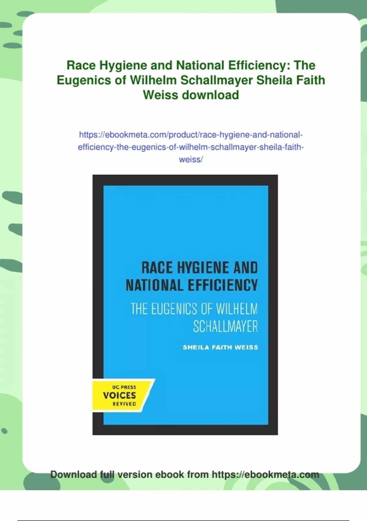 Summary Race Hygiene and National Efficiency: The Eugenics of Wilhelm ...