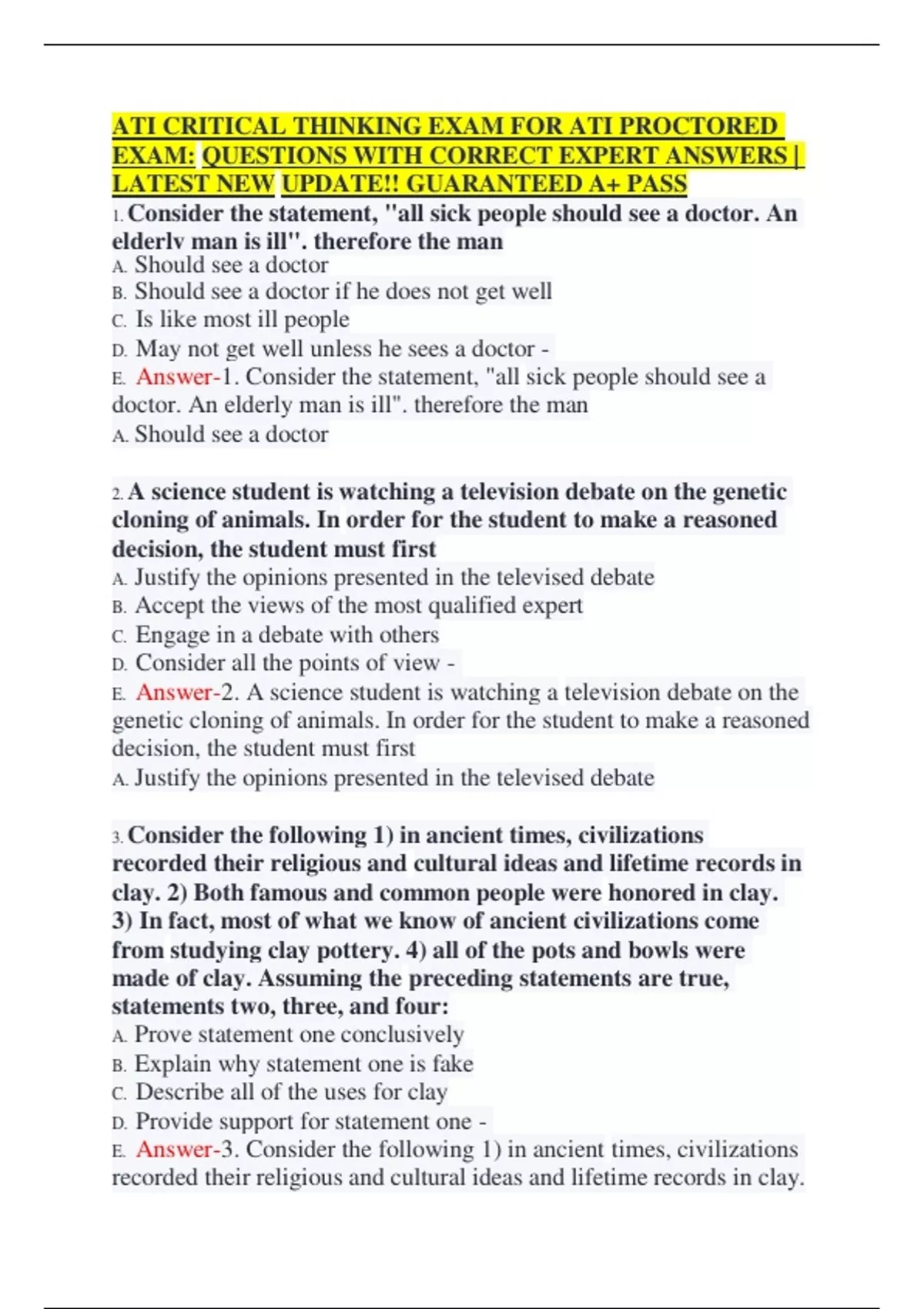 ATI Critical Thinking Exam 2025 – Updated Questions with Correct Expert ...