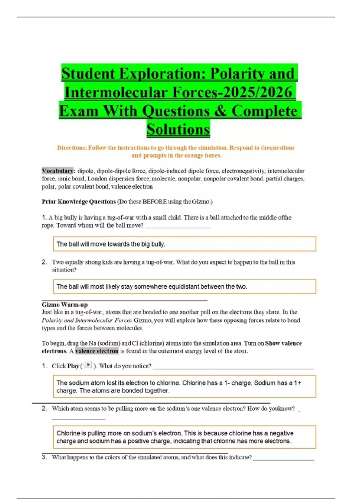 Student Exploration: Polarity and Intermolecular Forces-2025/2026 Exam ...