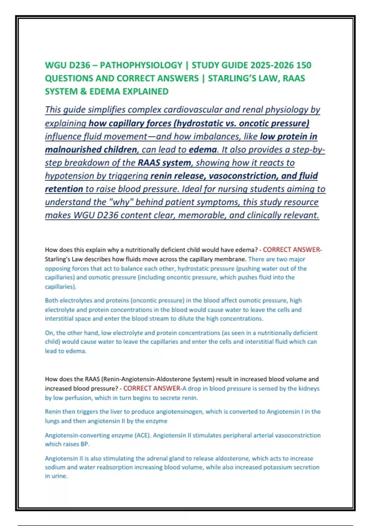 WGU D236 – PATHOPHYSIOLOGY | STUDY GUIDE QUESTIONS AND CORRECT ANSWERS ...
