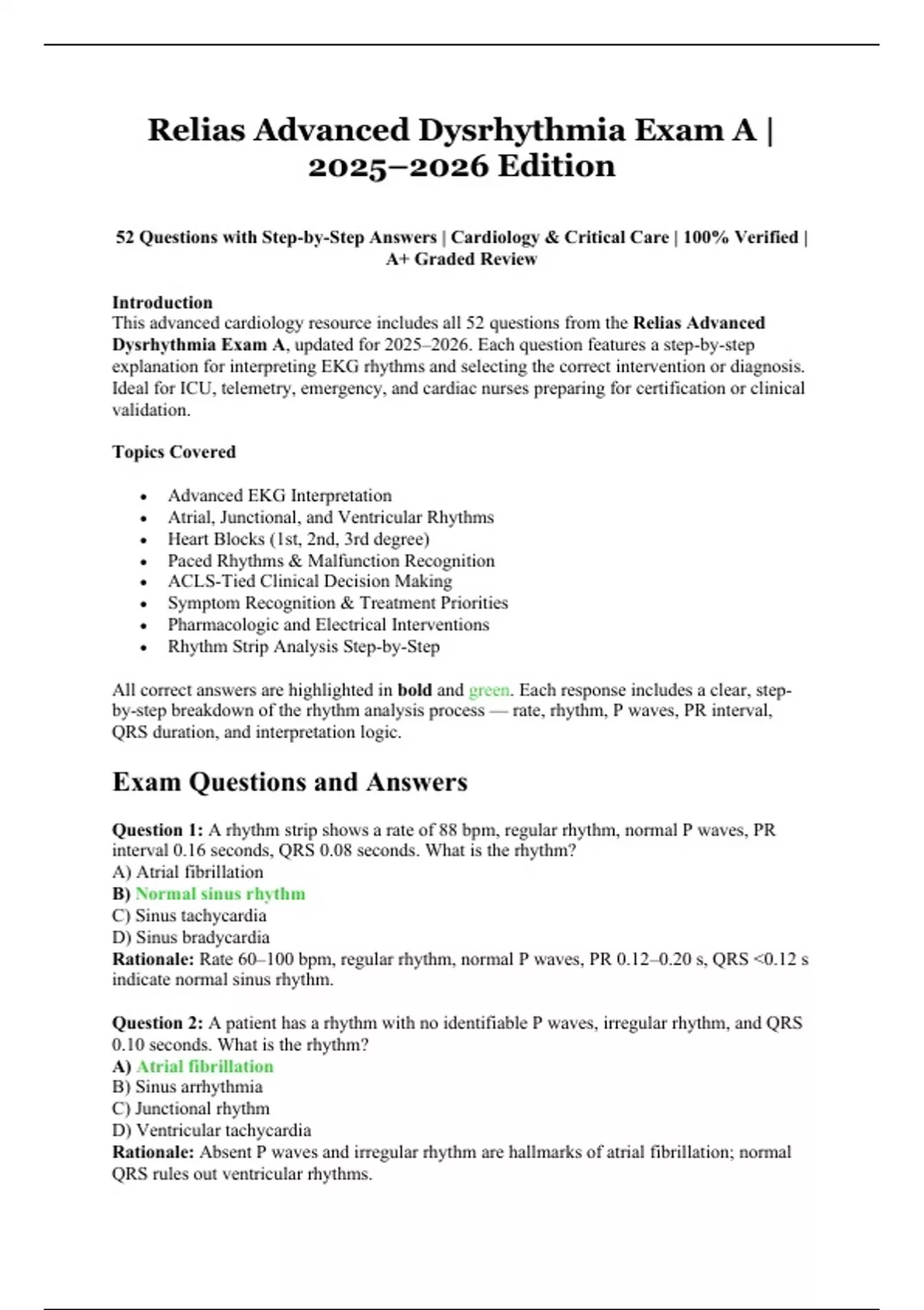 Relias Advanced Dysrhythmia Exam A | 2025–2026 Edition – 52 Questions ...