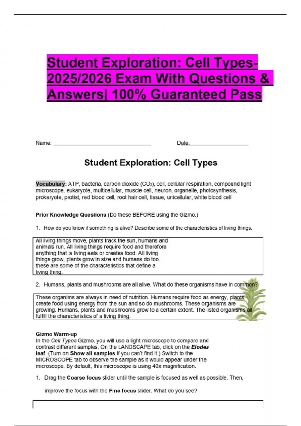 Student Exploration: Cell Types- 2025/2026 Exam With Questions ...