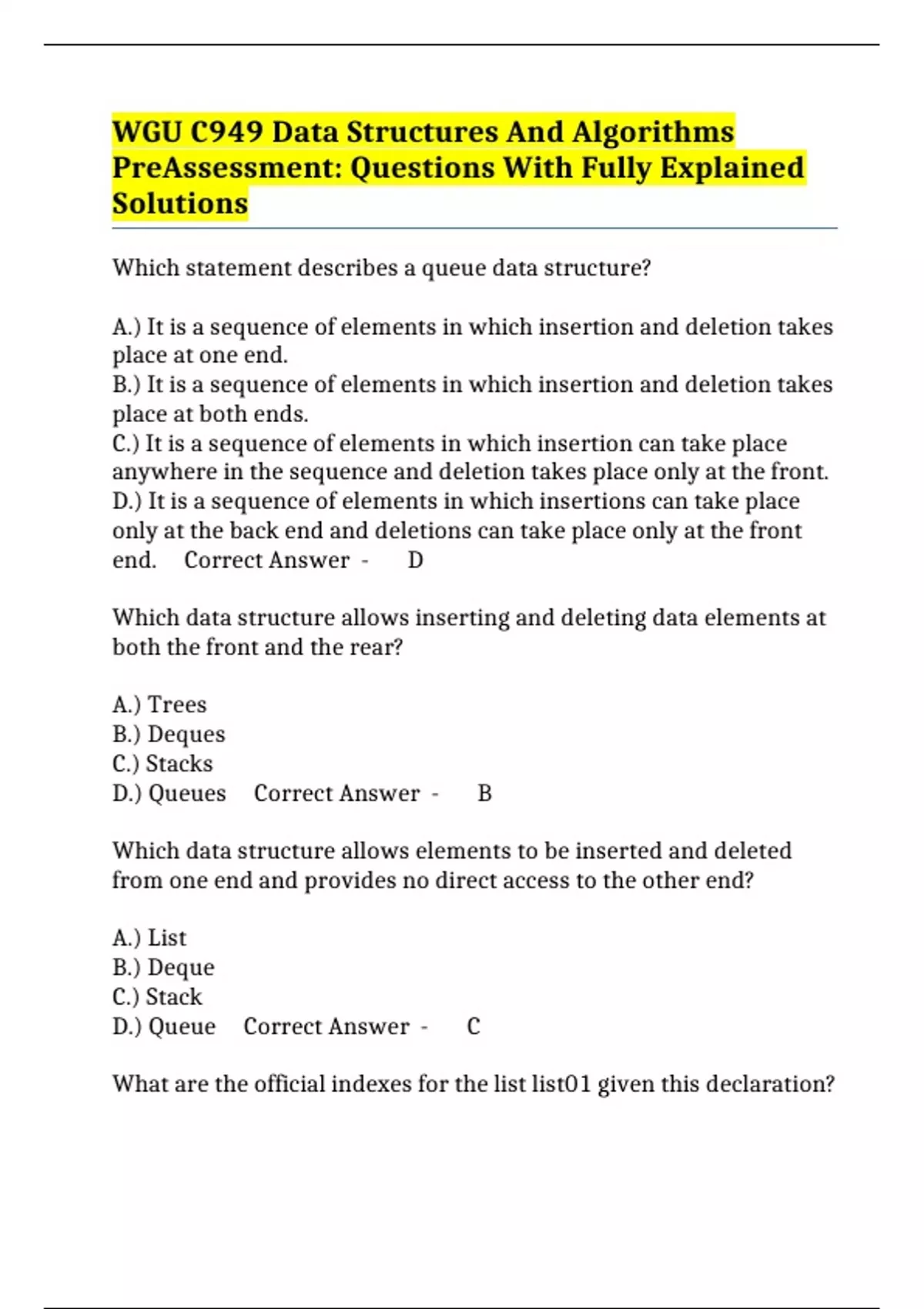 WGU C949 Data Structures And Algorithms PreAssessment: Questions With Fully Explained Solutions ...