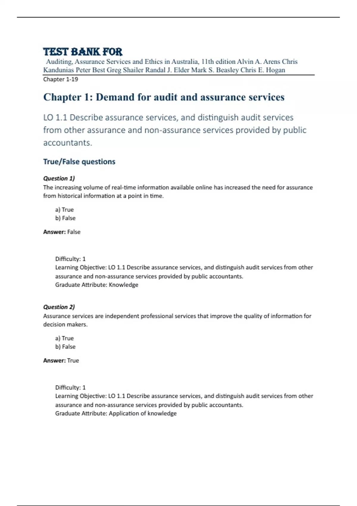 Test Bank For Auditing, Assurance Services and Ethics in Australia ...