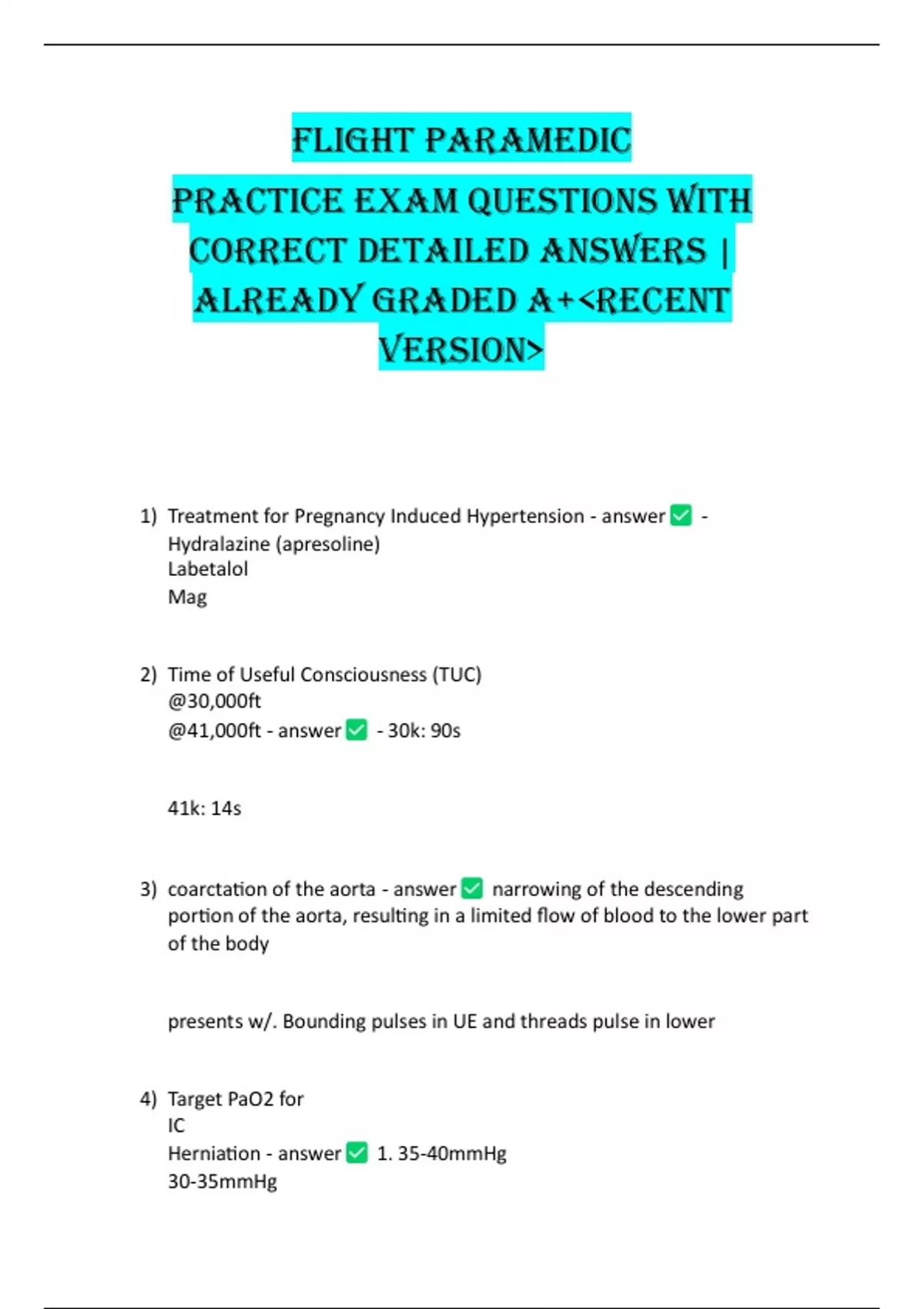 FLIGHT PARAMEDIC PRACTICE EXAM QUESTIONS WITH CORRECT DETAILED ANSWERS ...