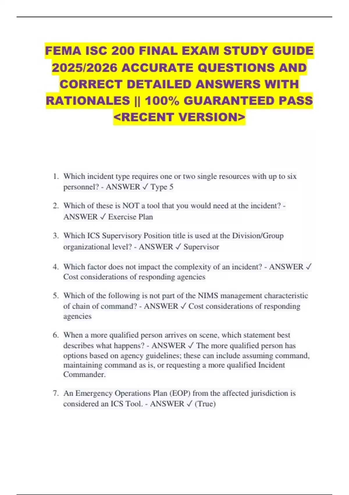 FEMA ISC 200 FINAL EXAM STUDY GUIDE 2025/2026 ACCURATE QUESTIONS AND ...