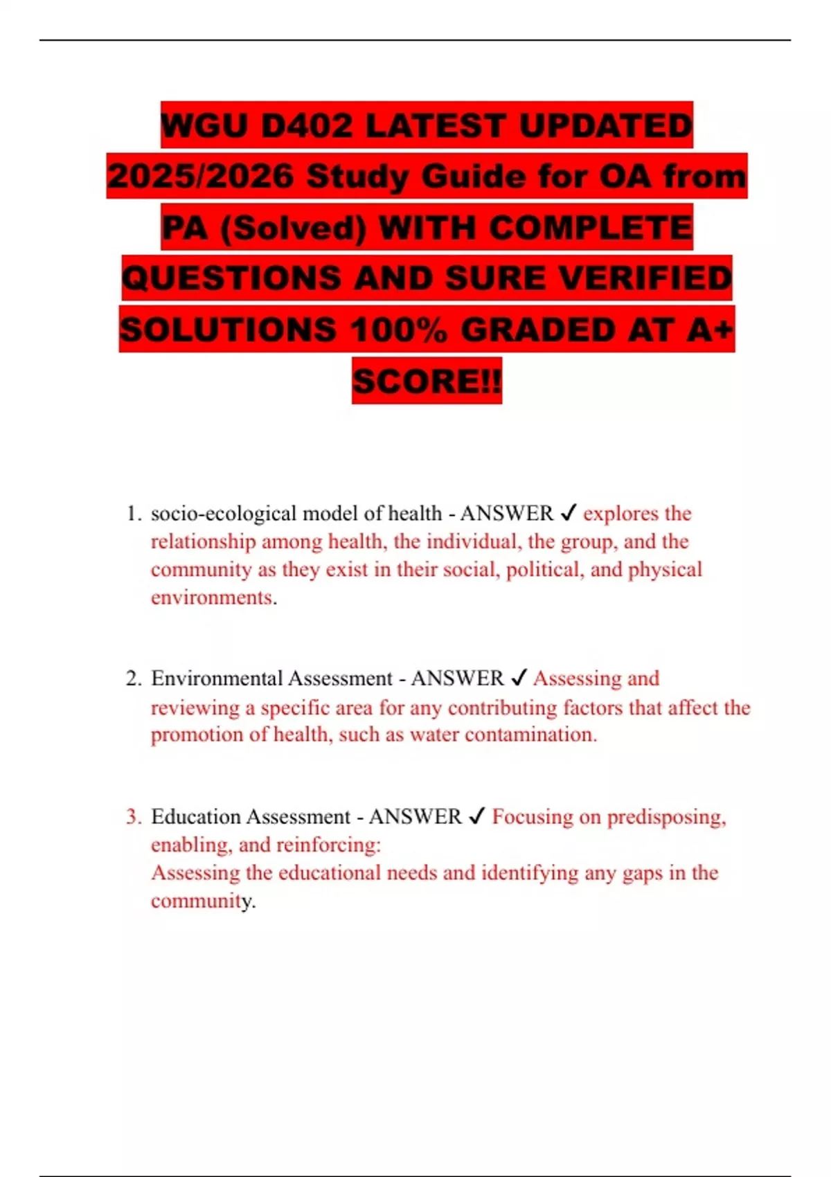 WGU D402 LATEST UPDATED 2025/2026 Study Guide for OA from PA (Solved ...