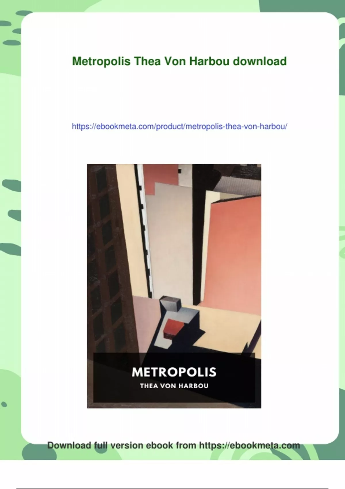 Summary Metropolis Thea Von Harbou - Instant Download - Ebookmeta - Stuvia US