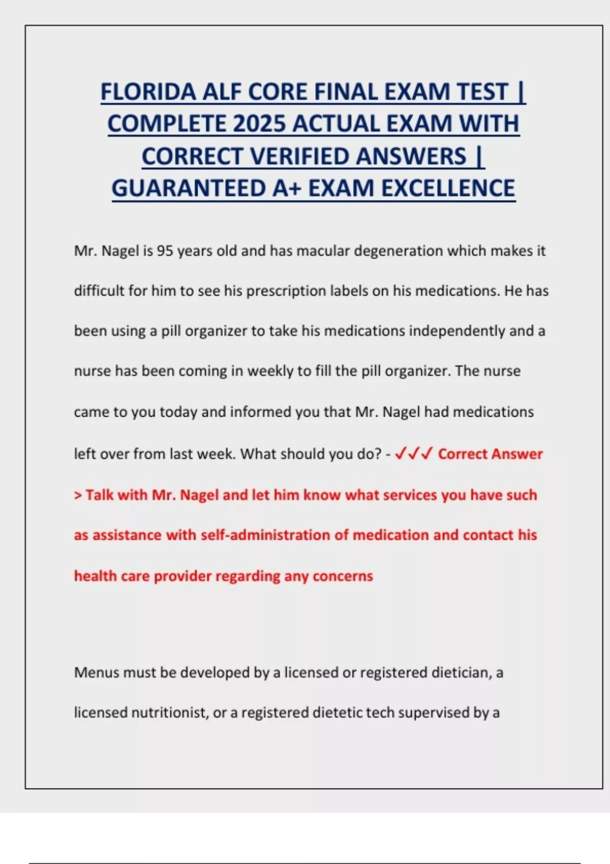 FLORIDA ALF CORE FINAL EXAM TEST | COMPLETE 2025 ACTUAL EXAM WITH ...