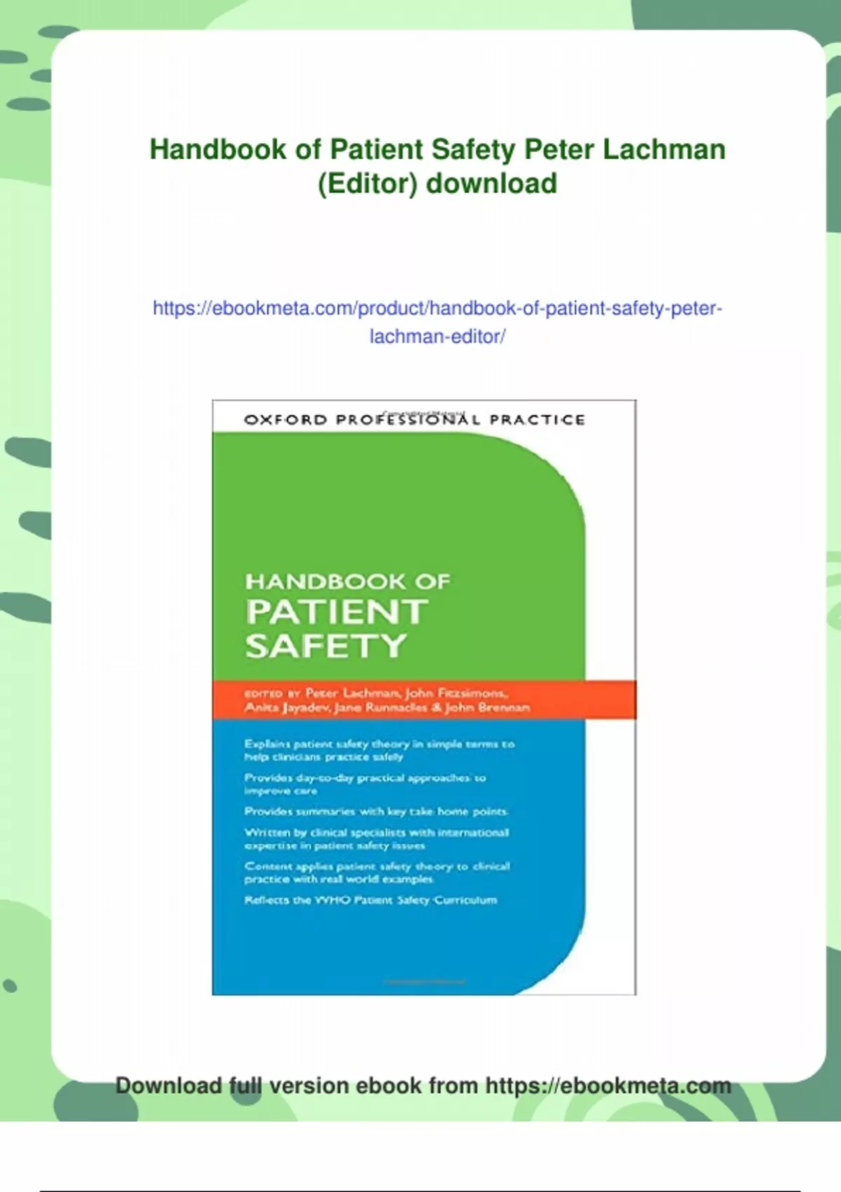 Summary Handbook of Patient Safety Peter Lachman (Editor) - Instant ...
