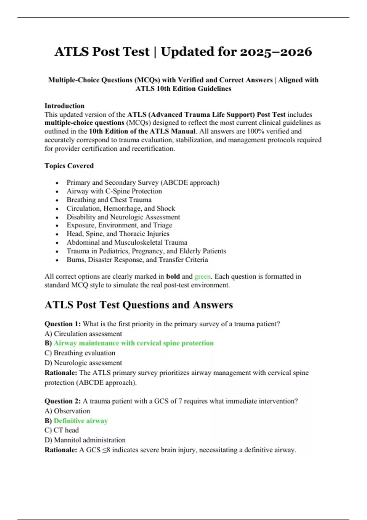 ATLS Post Test | Updated for 2025–2026 – Multiple-Choice Questions with ...
