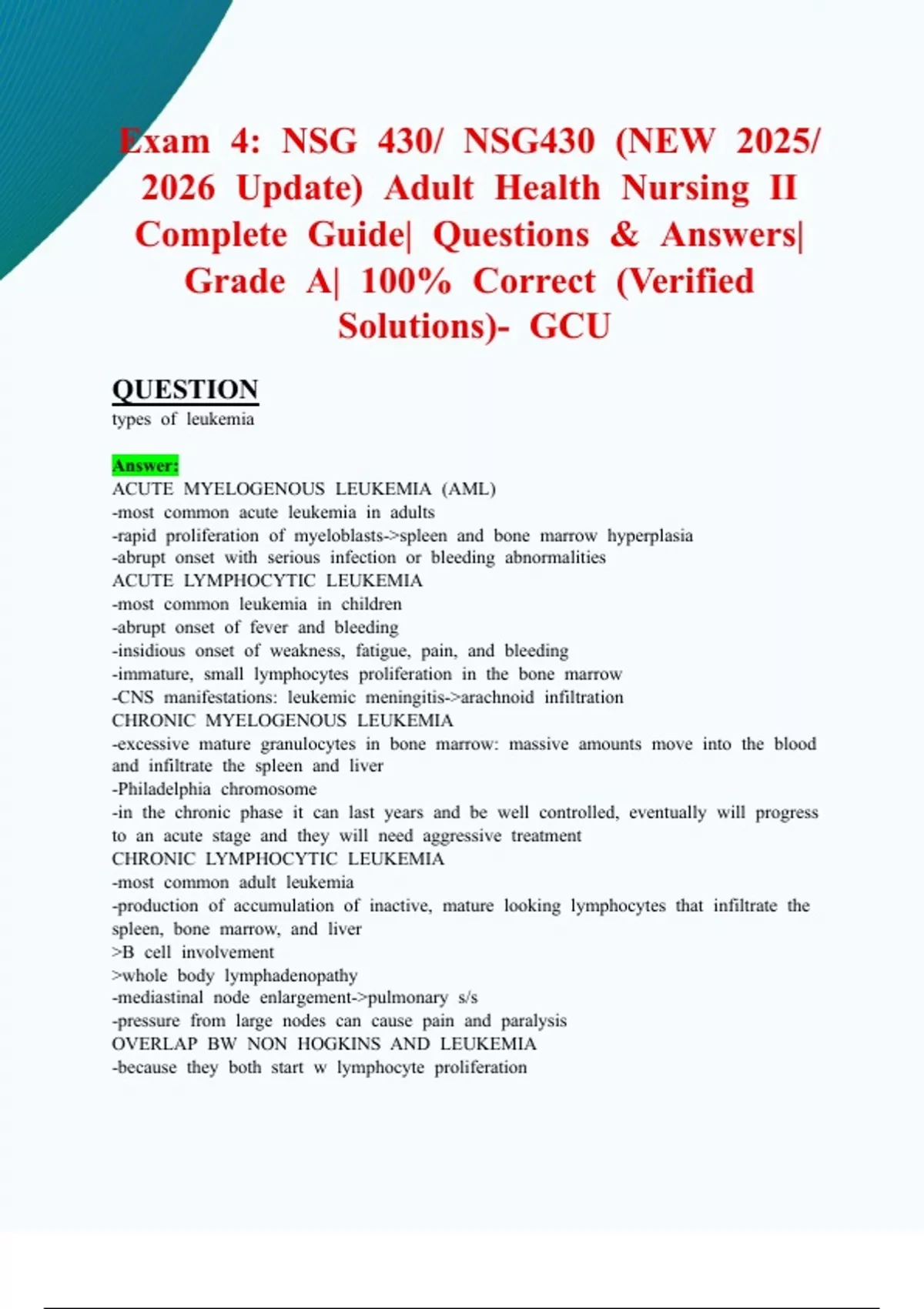 Exam 4: NSG 430/ NSG430 (NEW 2025/ 2026 Update) Adult Health Nursing II ...