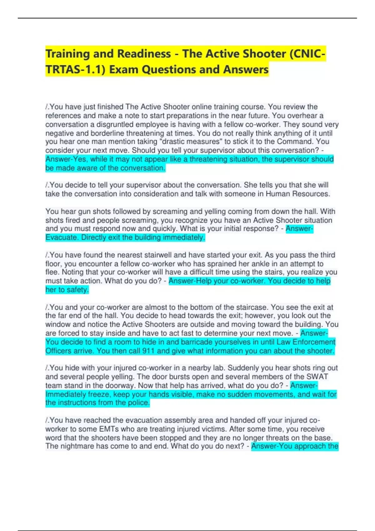 Training and Readiness - The Active Shooter (CNIC-TRTAS-1.1) Exam Questions and Answers ...