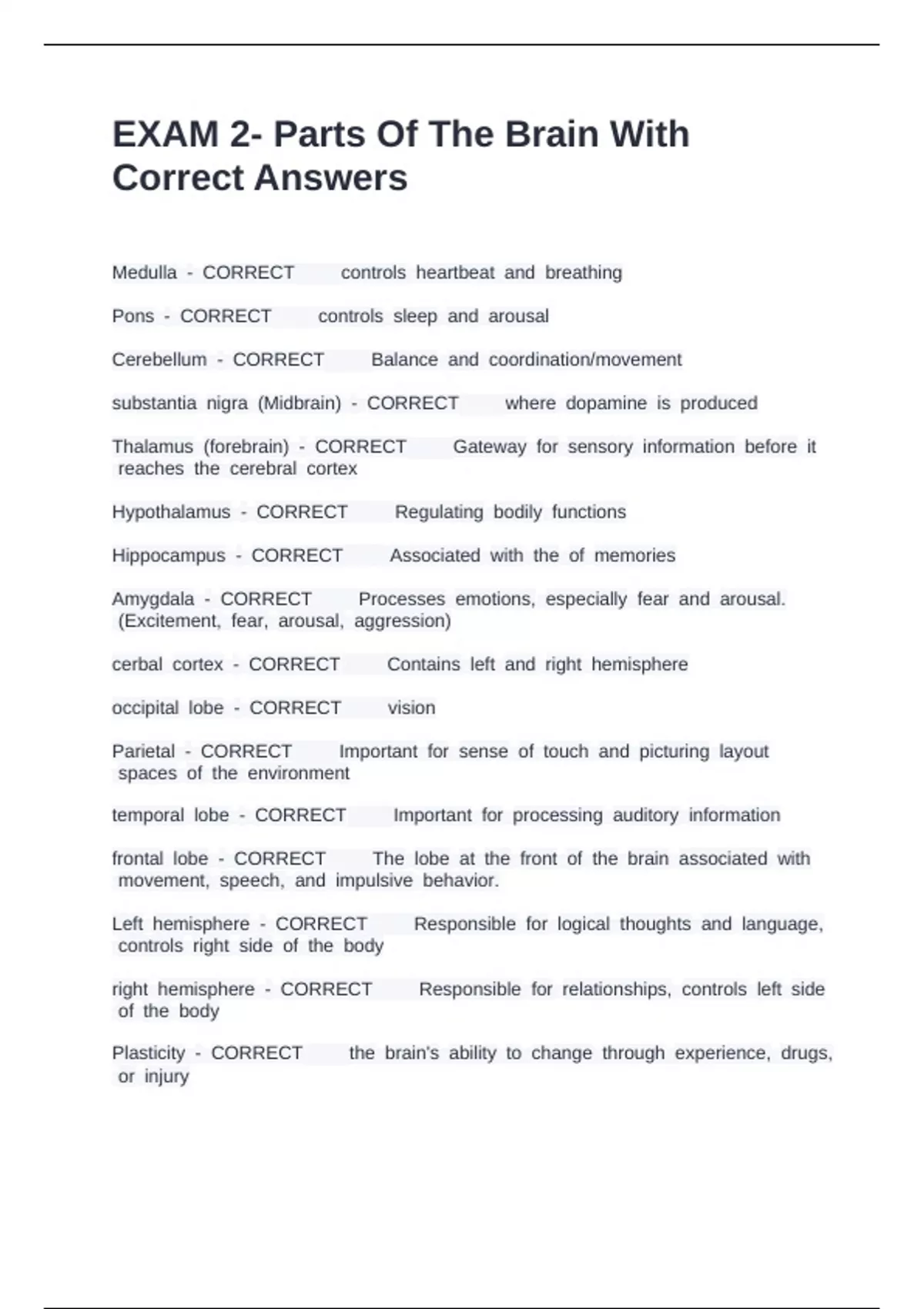 EXAM 2- Parts of the Brain - Parts of the Brain - Stuvia US