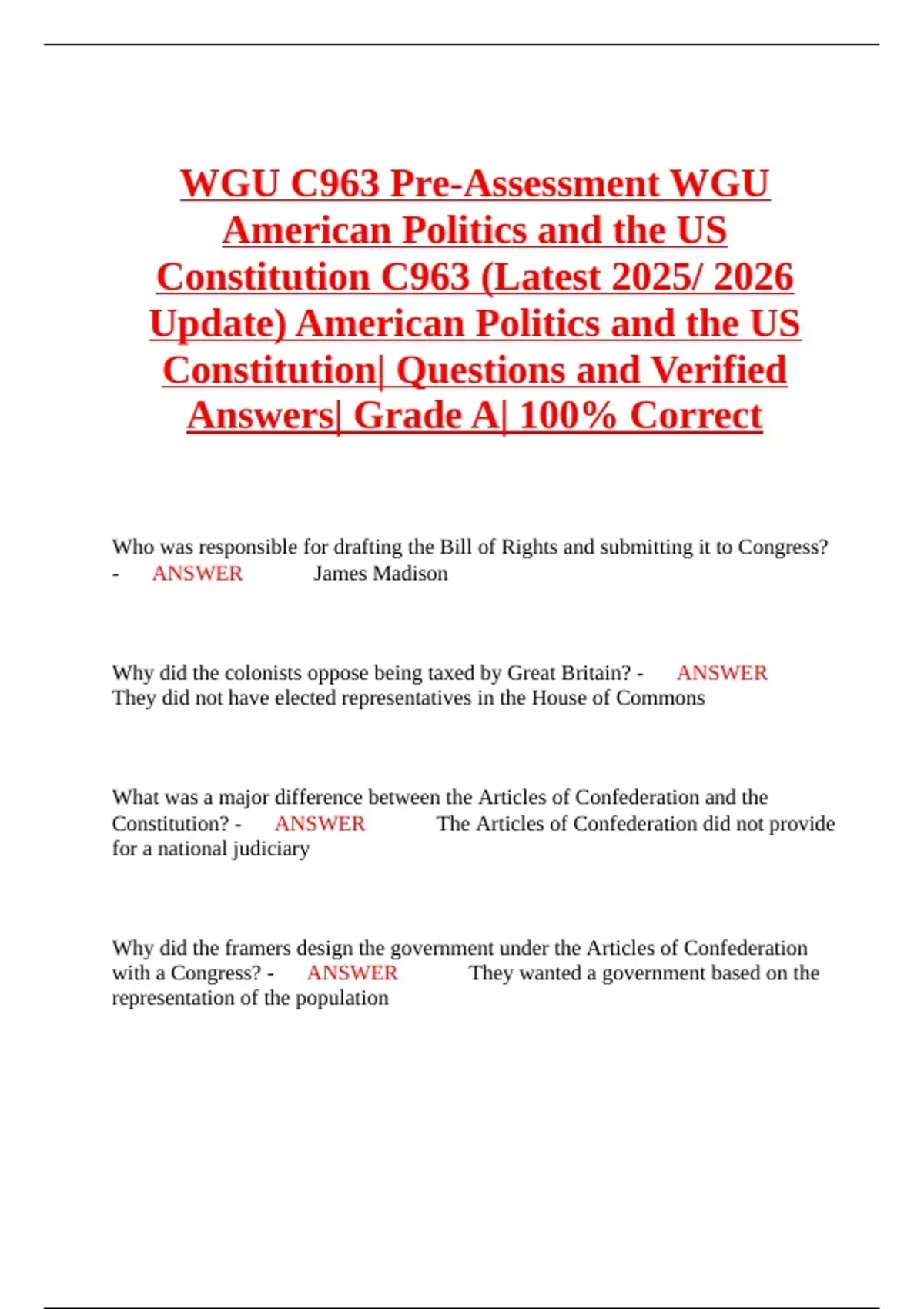 WGU C963 Pre-Assessment WGU American Politics and the US Constitution ...