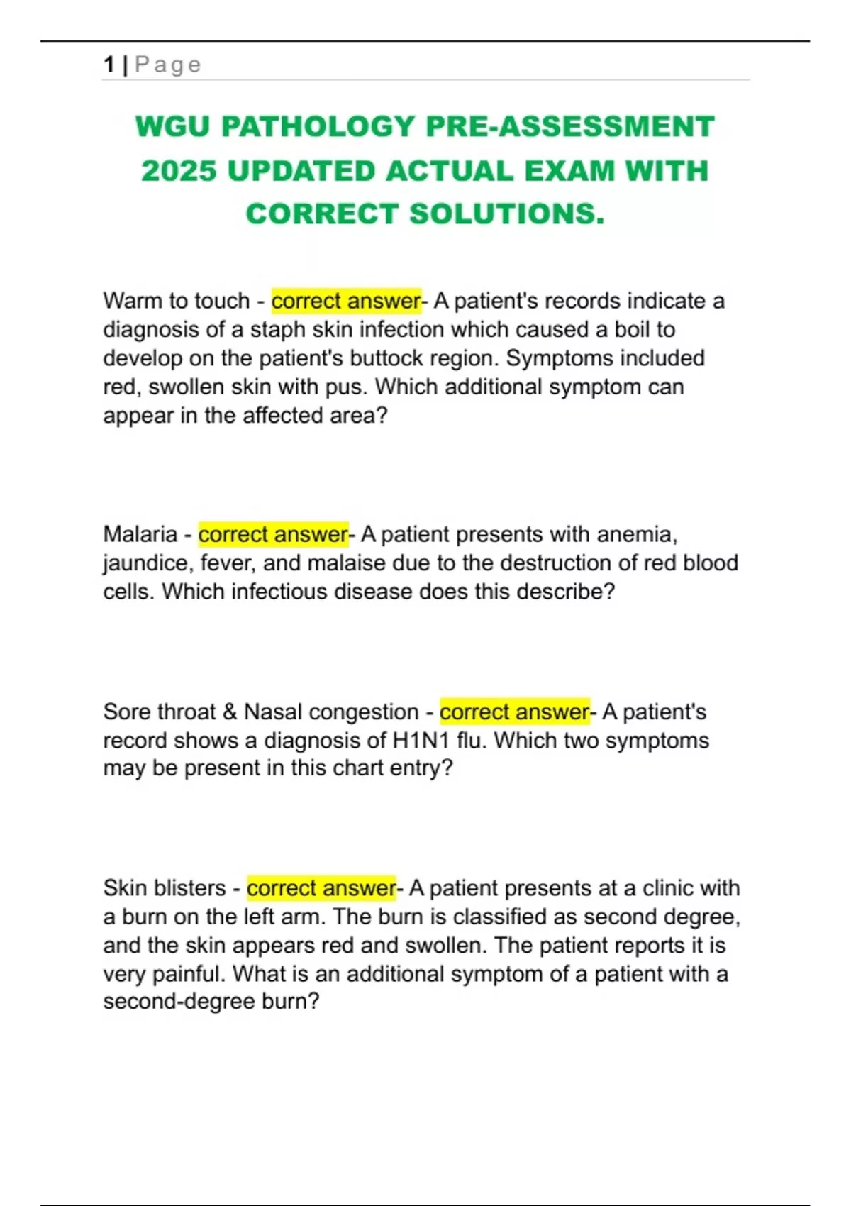WGU PATHOLOGY PRE-ASSESSMENT 2025 UPDATED ACTUAL EXAM WITH CORRECT SOLUTIONS. - WGU PATHOLOGY ...