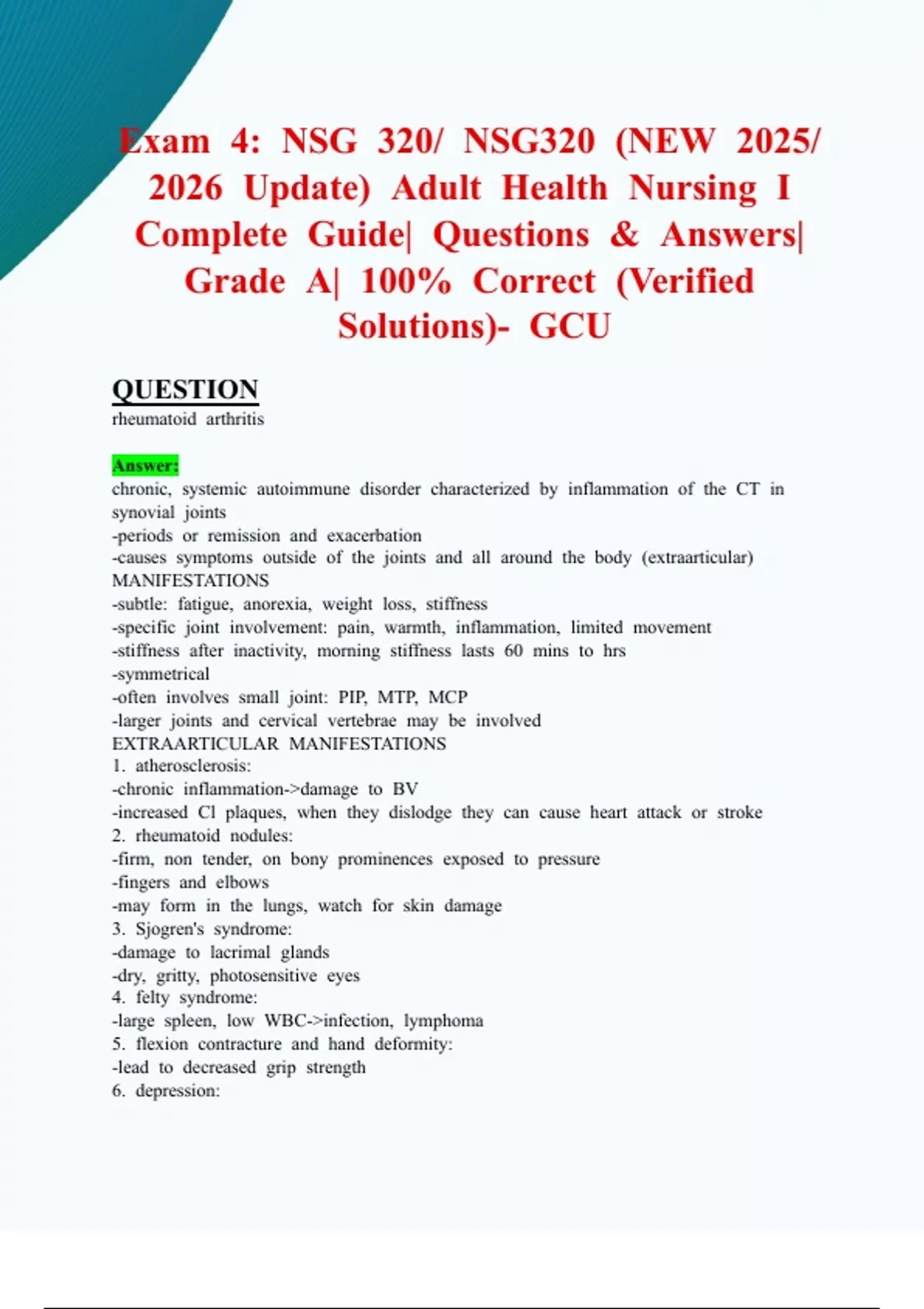 Exam 4: NSG 320/ NSG320 (NEW 2025/ 2026 Update) Adult Health Nursing I Complete Guide| Questions ...