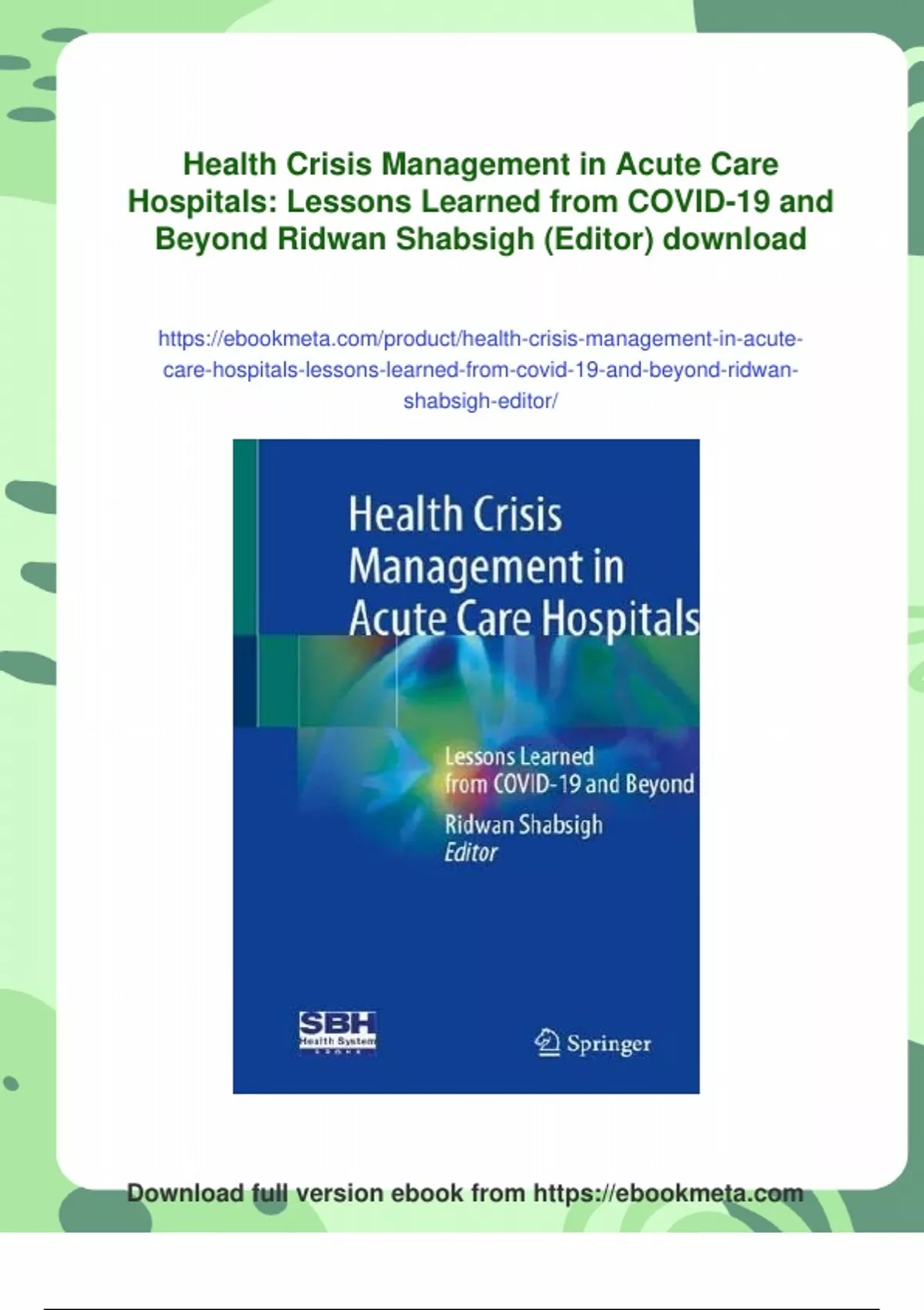 Summary Health Crisis Management in Acute Care Hospitals: Lessons ...