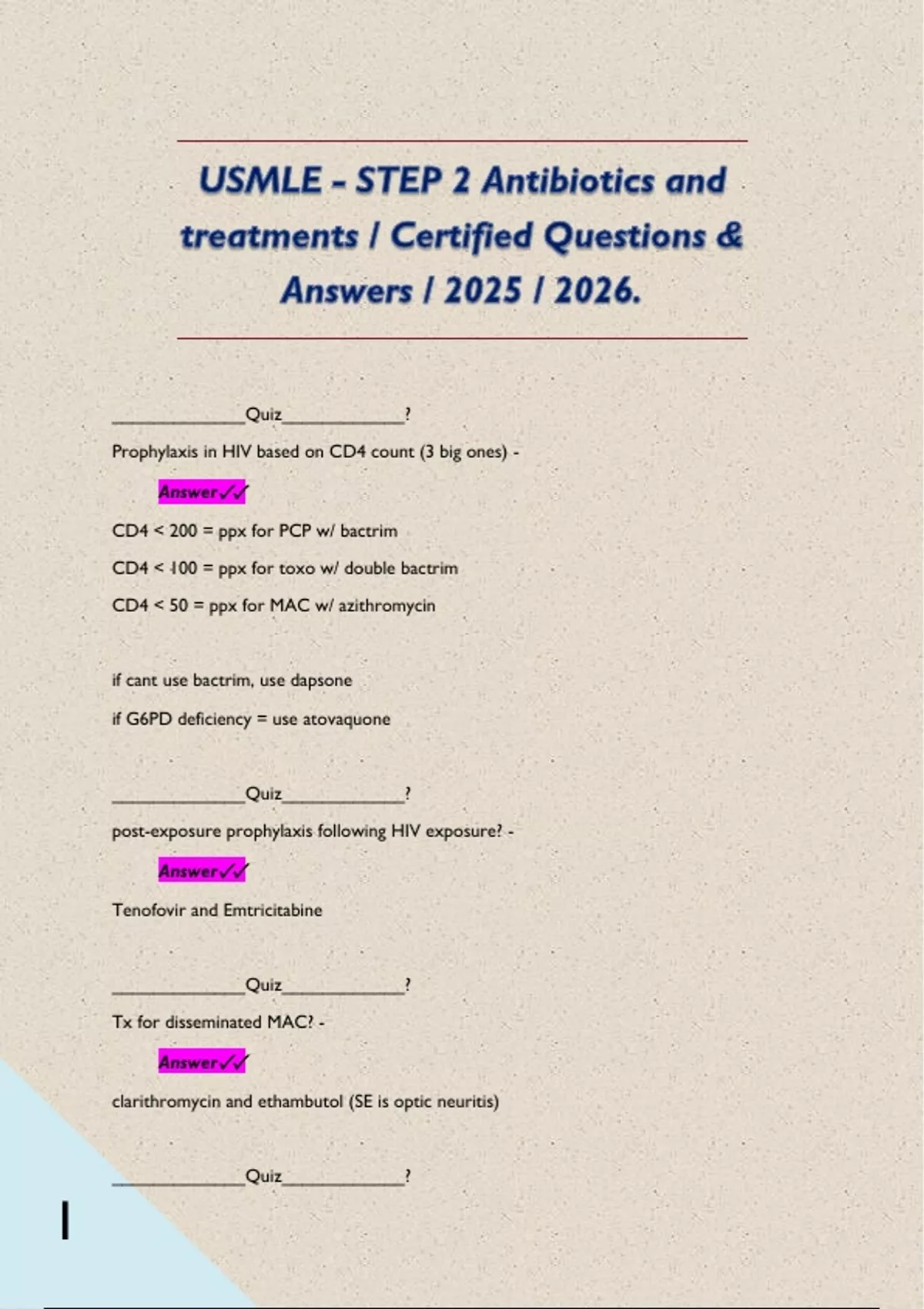 USMLE - STEP 2 Antibiotics and treatments / Certified Questions ...