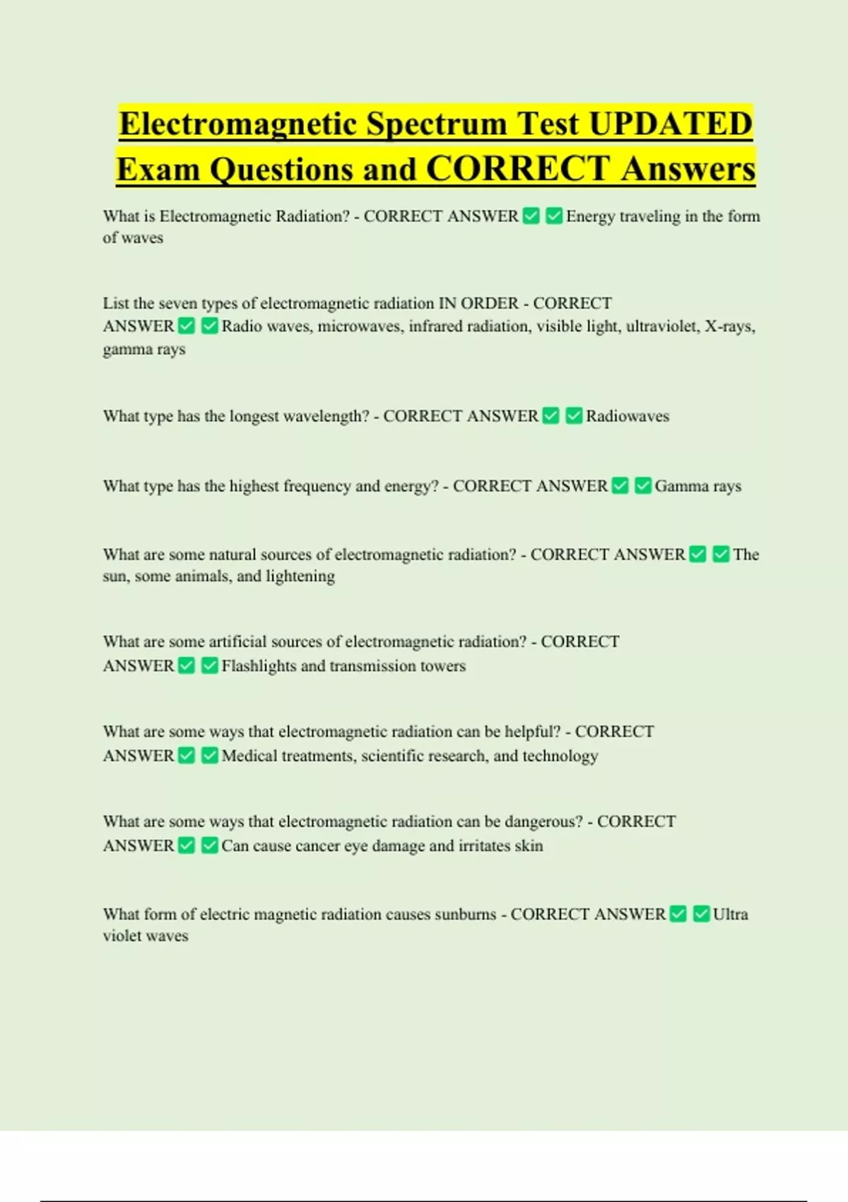 Electromagnetic Spectrum Test UPDATED Exam Questions and CORRECT ...