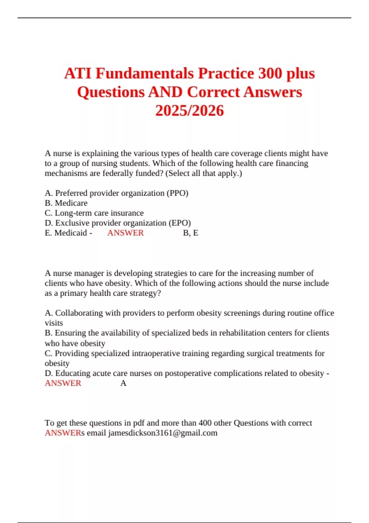 ATI Fundamentals Practice 300 plus Questions AND Correct Answers 2025/ ...