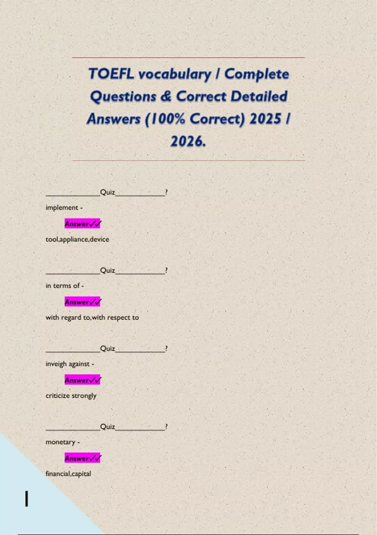 TOEFL vocabulary / Complete Questions & Correct Detailed Answers (100% ...