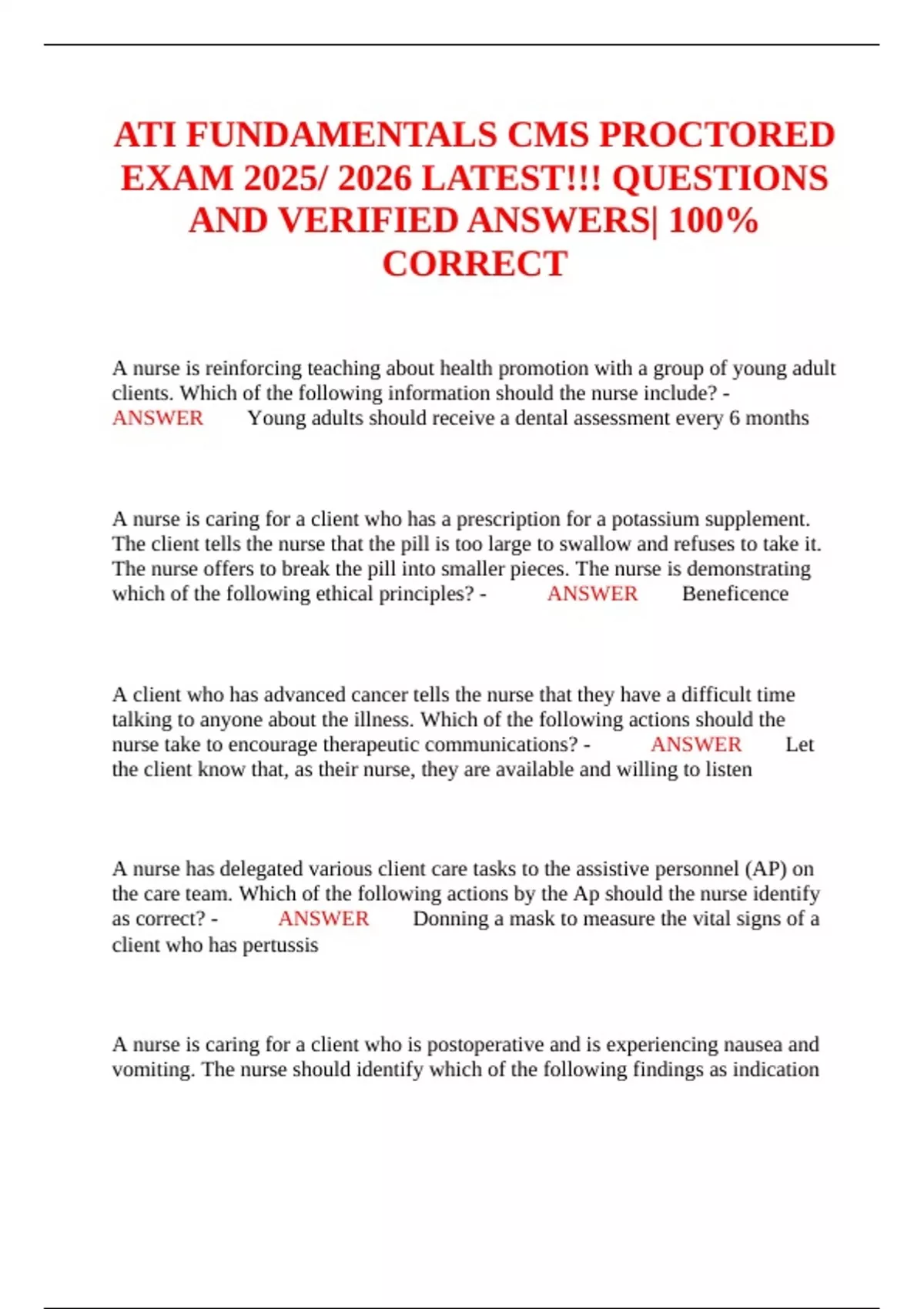 ATI FUNDAMENTALS CMS PROCTORED EXAM 2025/ 2026 LATEST!!! QUESTIONS AND ...