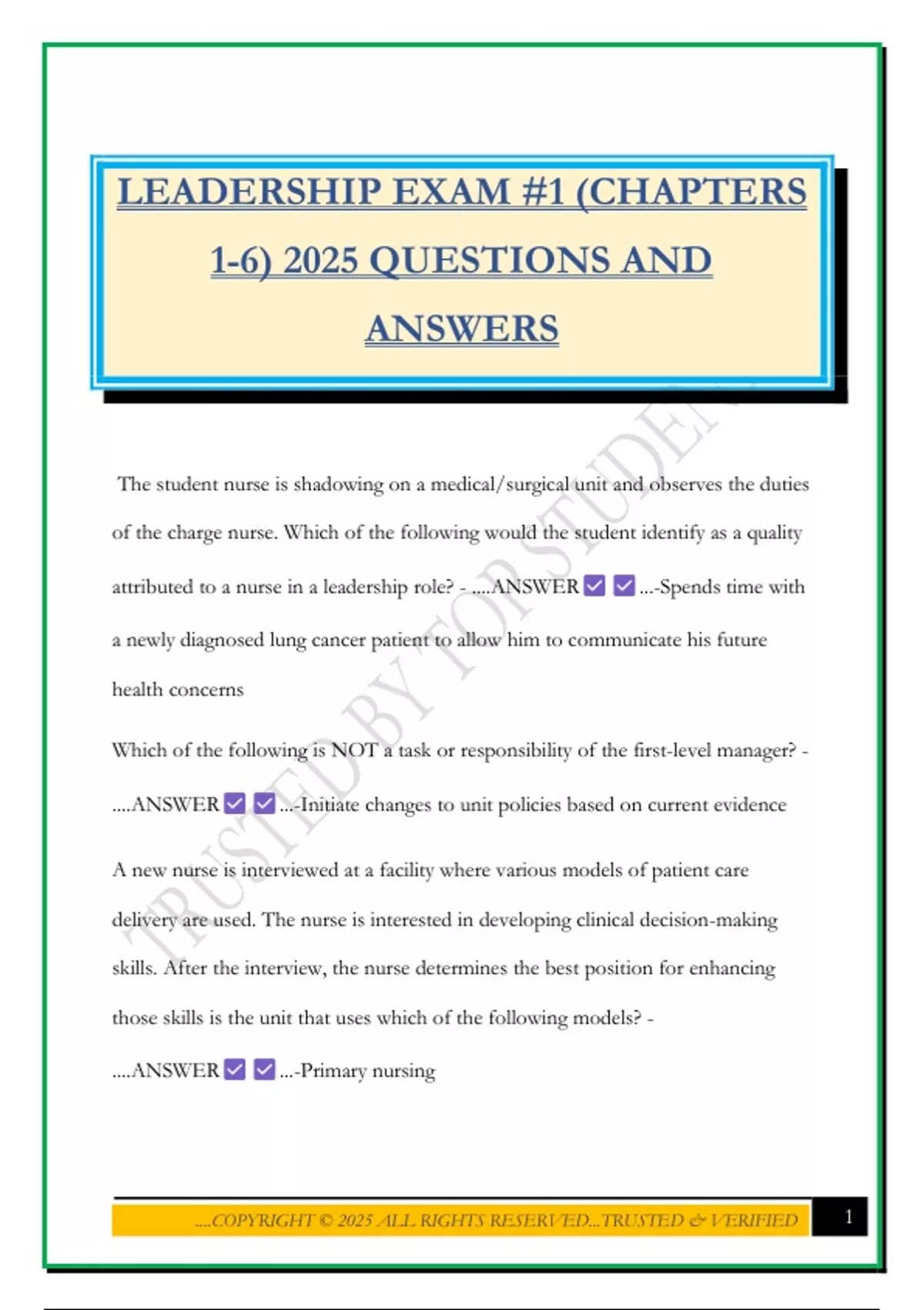 LEADERSHIP EXAM #1 (CHAPTERS 1-6) 2025 QUESTIONS AND ANSWERS - NURSING ...