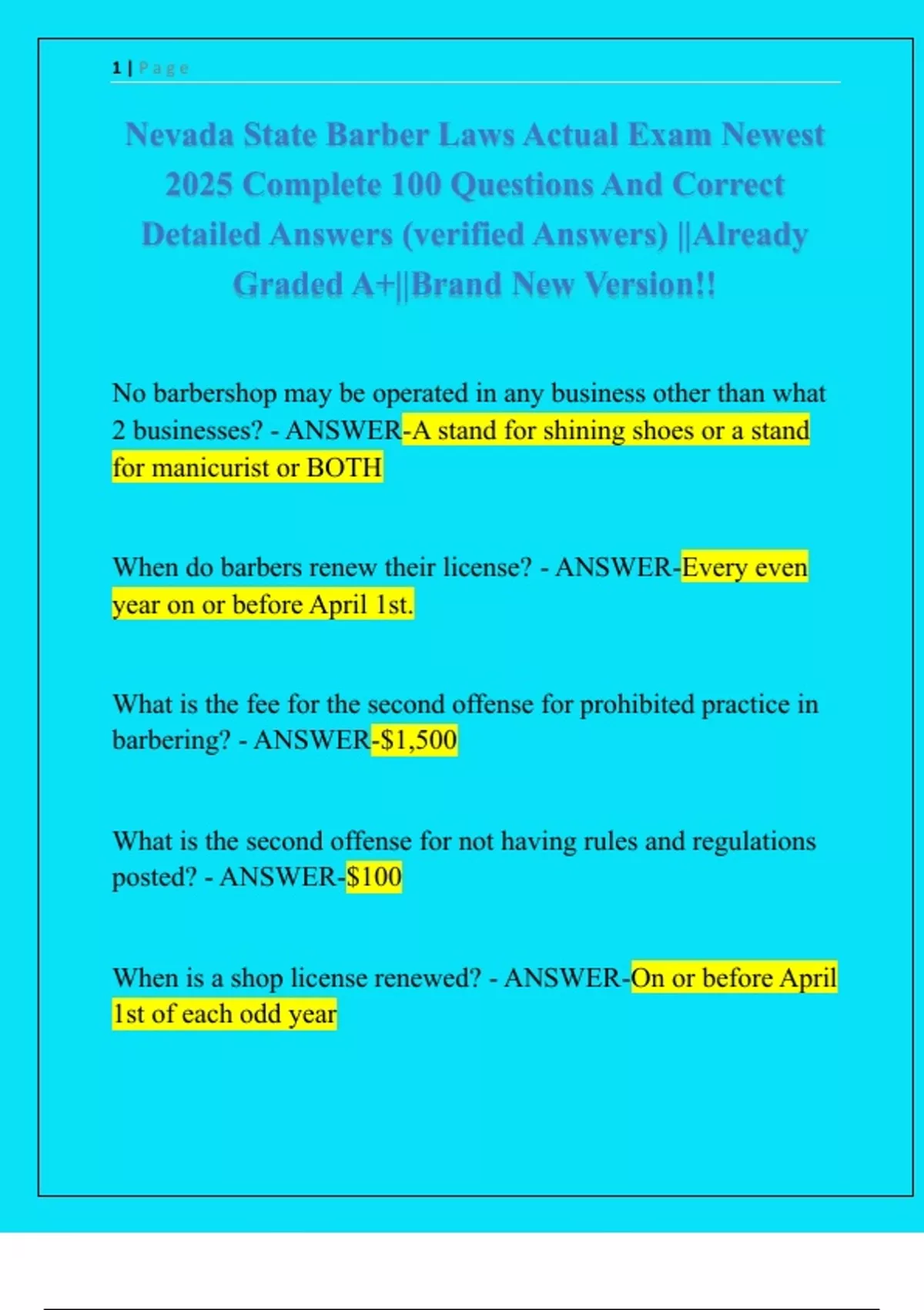 Nevada State Barber Laws Actual Exam Newest 2025 Complete 100 Questions ...