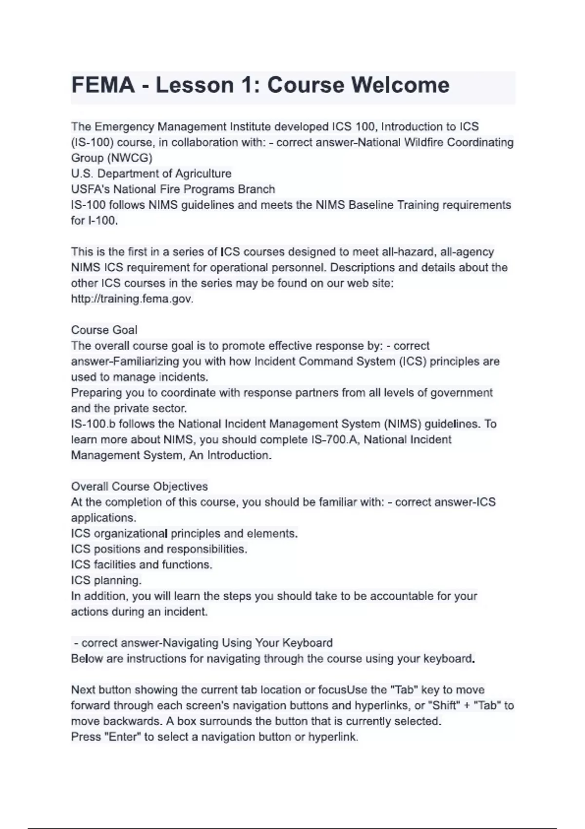 FEMA - Lesson 1 Course Welcome questions and answers - Fema - Stuvia US