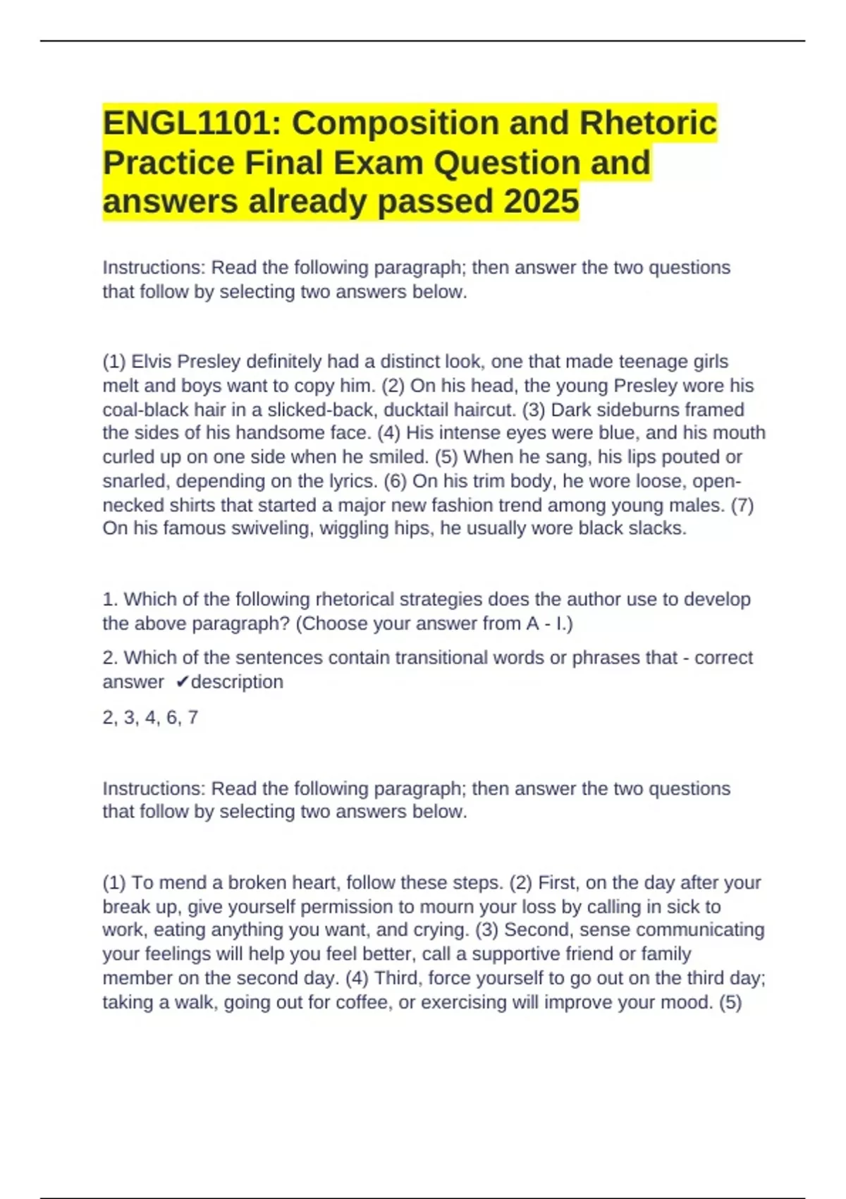 ENGL1101: Composition and Rhetoric Practice Final Exam Question and ...