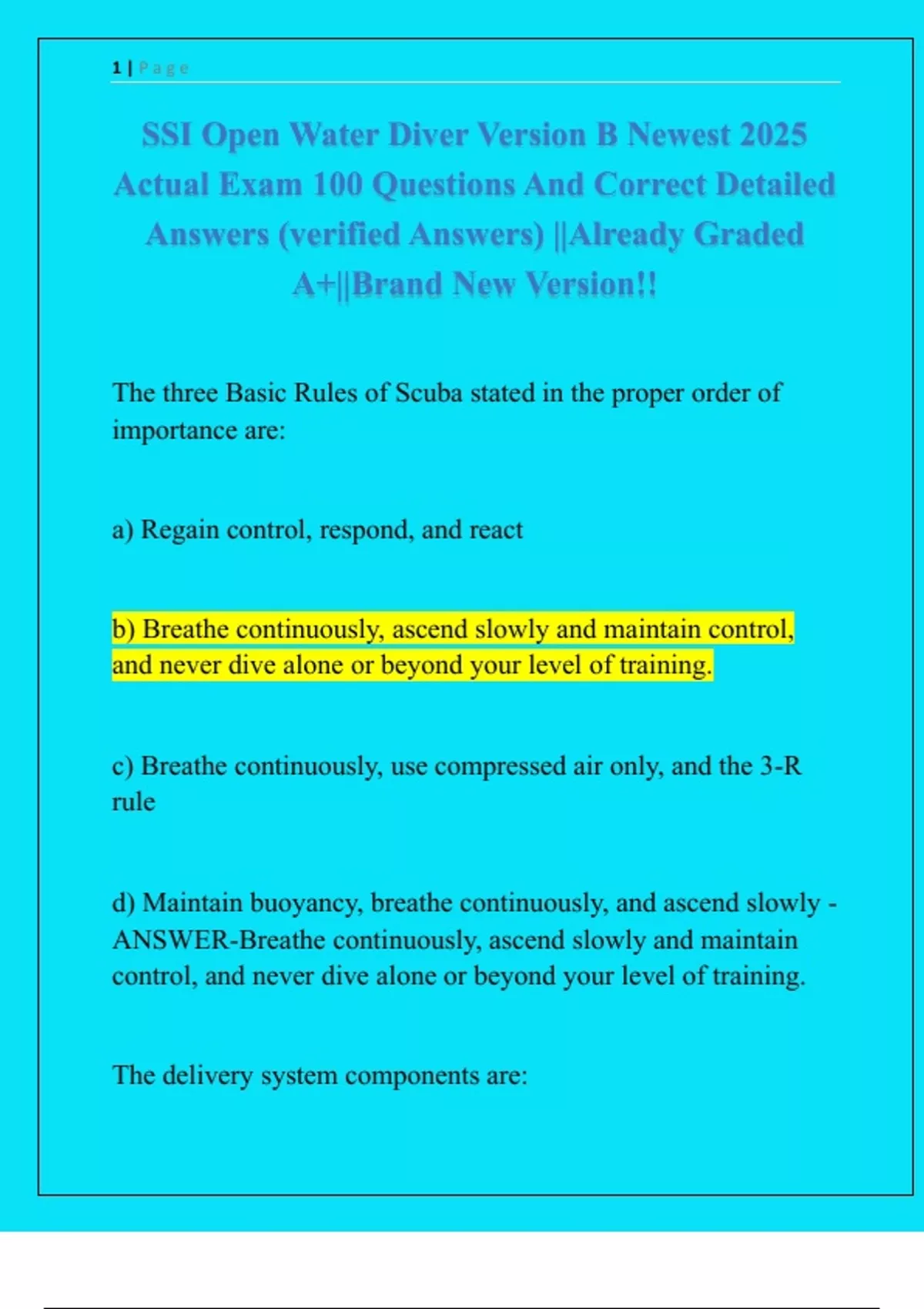 SSI Open Water Diver Version B Newest 2025 Actual Exam 100 Questions ...