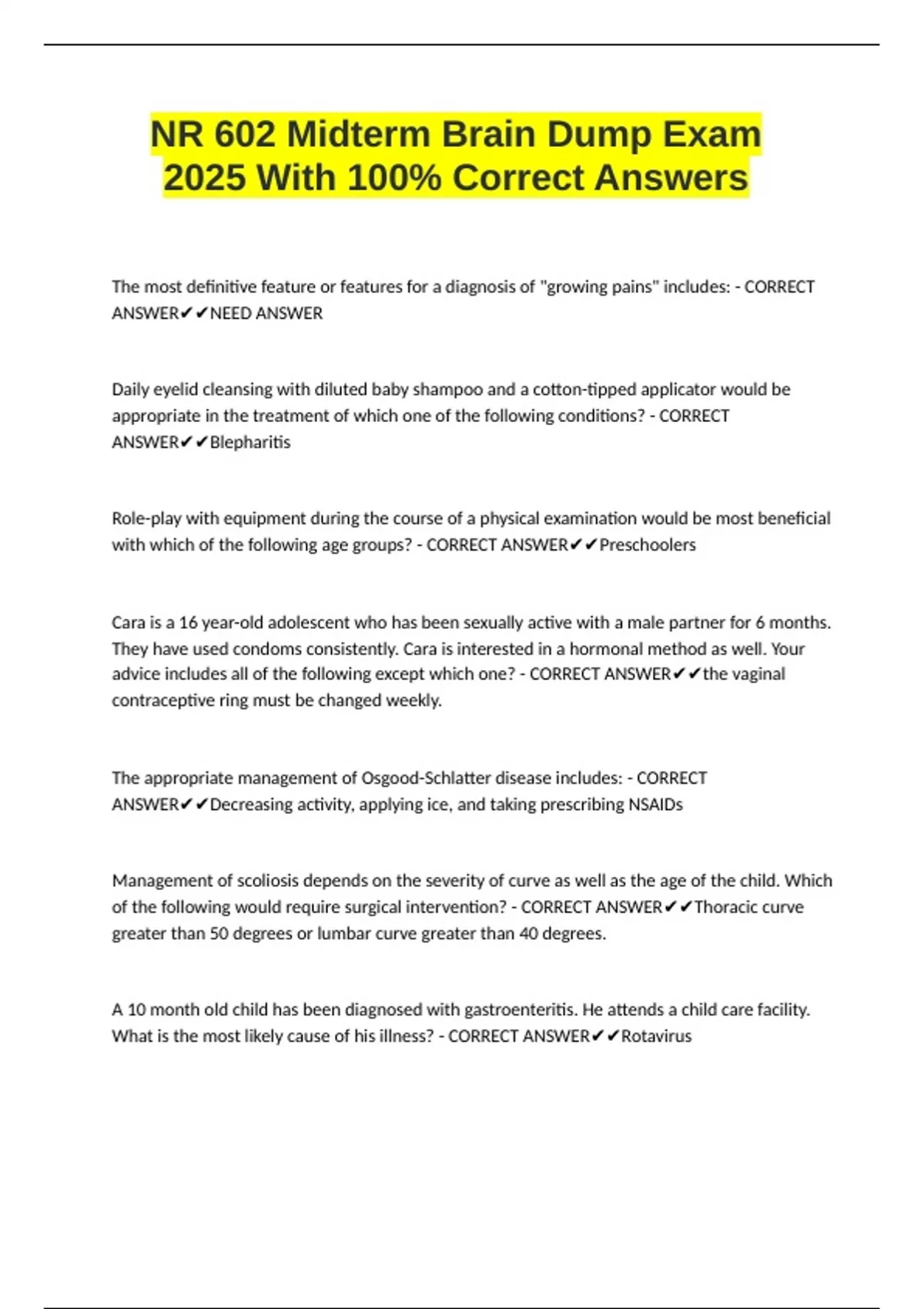 NR 602 Midterm Brain Dump Exam 2025 With 100% Correct Answers - NR 602 ...